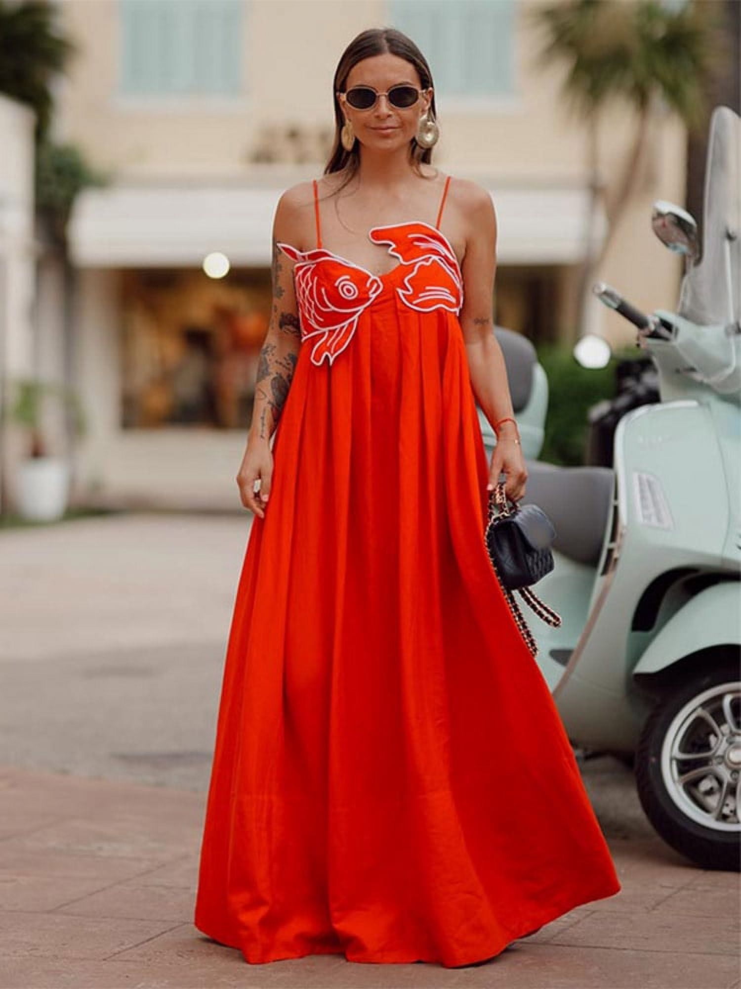 Women Fashion Red Fish Print Pleated Sling Maxi Dress Elegant Backless ...
