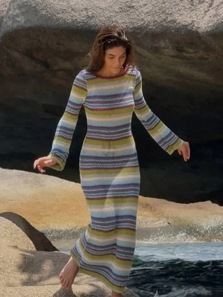 Women Fashion Slim Multicolour Backless Knitted Dress Elegant Boat Neck ...