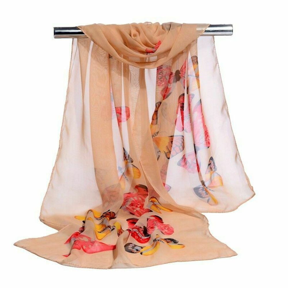 Women Fashion Soft Wrap Shawl Silk Butterfly Flower Print Long Chiffon ...