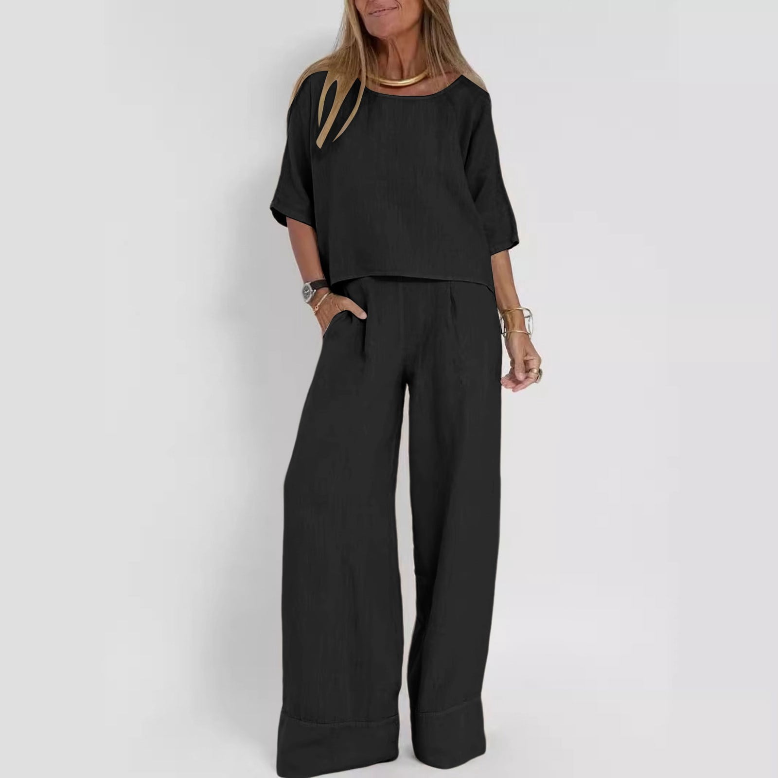 Women Fashion Solid Casual Loose Quarter Sleeve Wide Leg Pantsuit ...