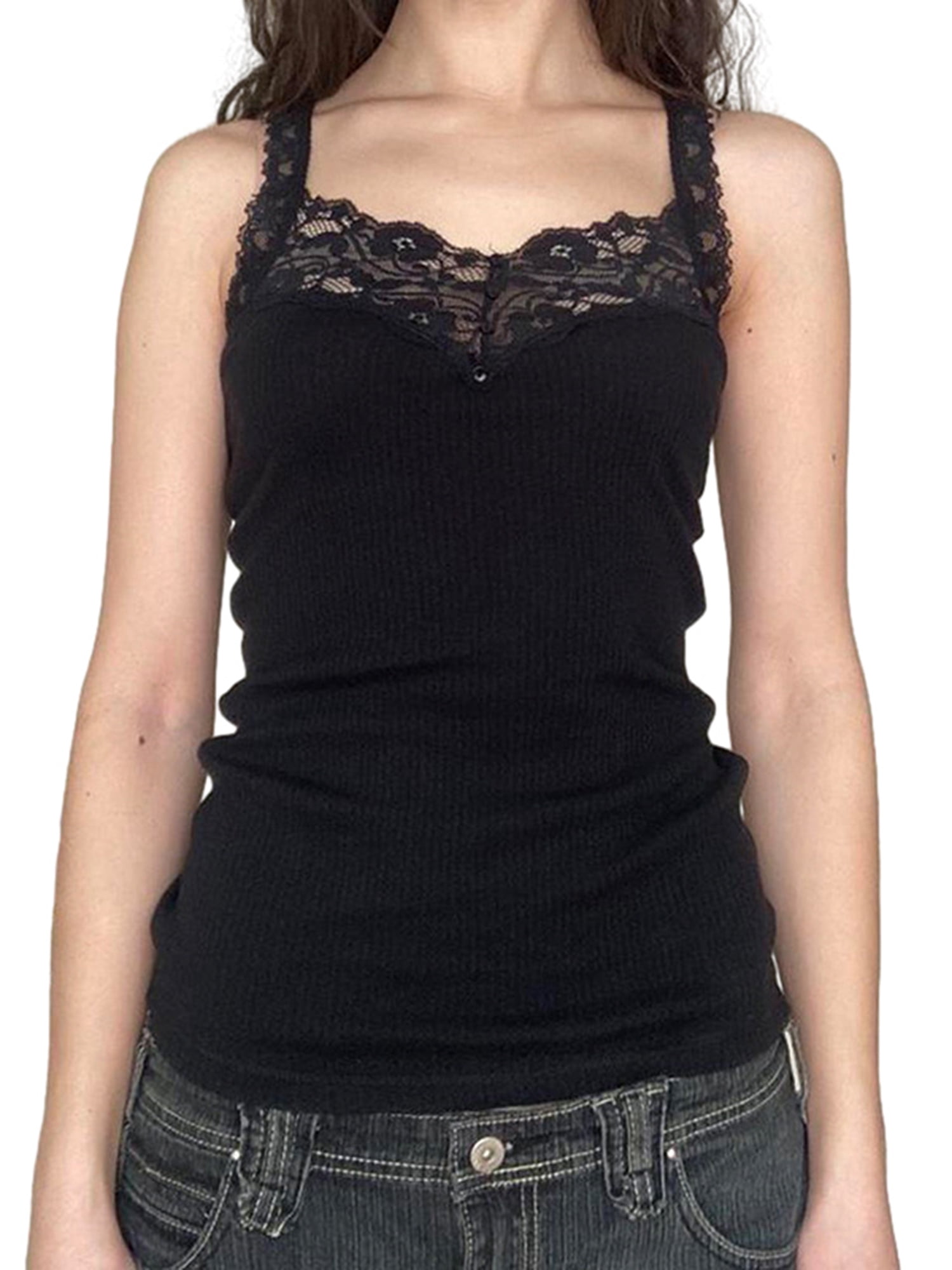 Women Fashion Tank Tops Lace Patchwork Summer Basic Vest Sleeveless ...