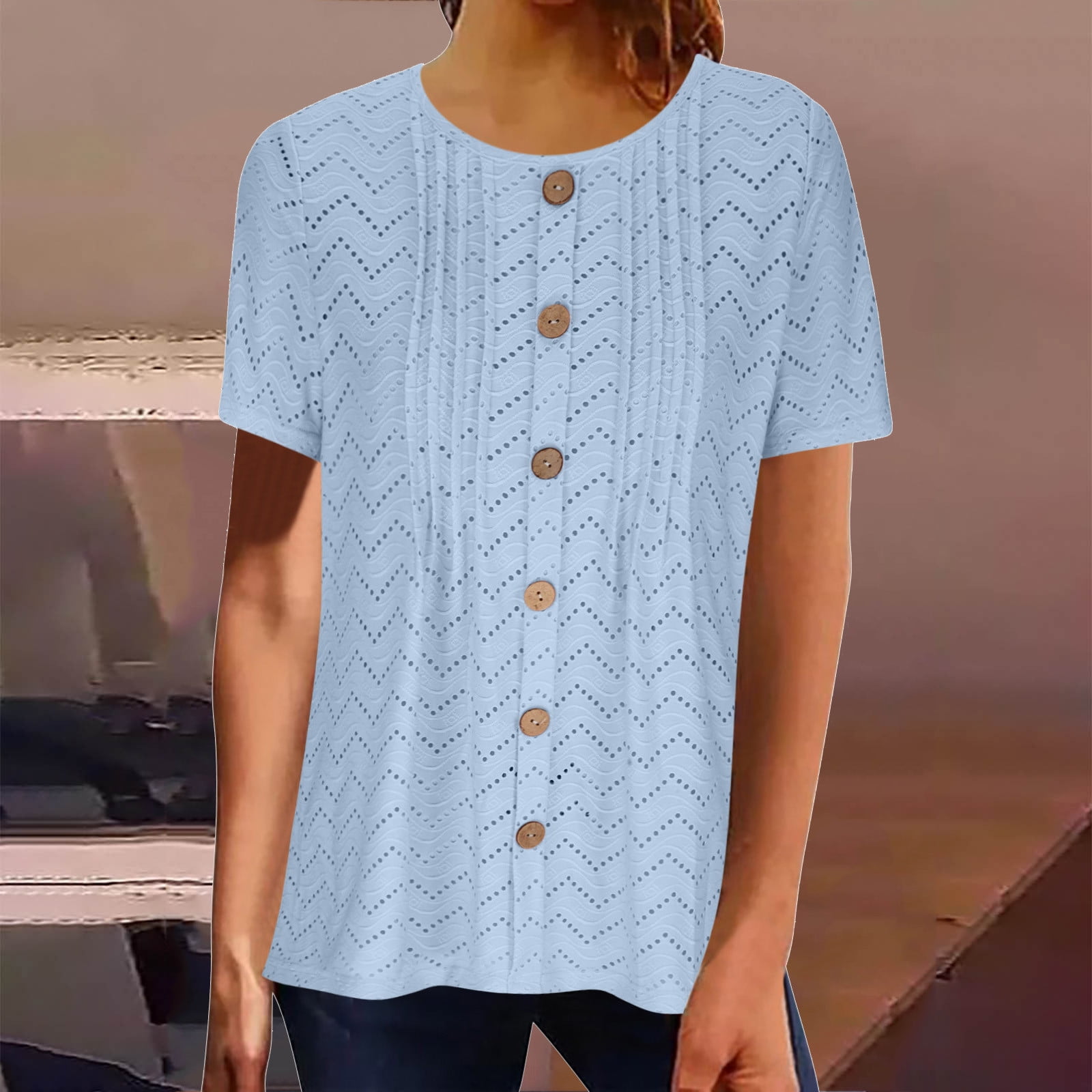 Women Fashion Tops Sawvnm Women's Round Neck Short Sleeve Loose Button ...