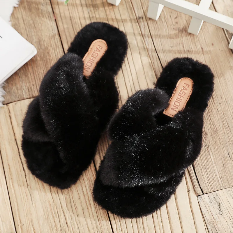 Women Fashion Warm Fluffy Slippers Cozy Faux Fur Cross Indoor Floor ...