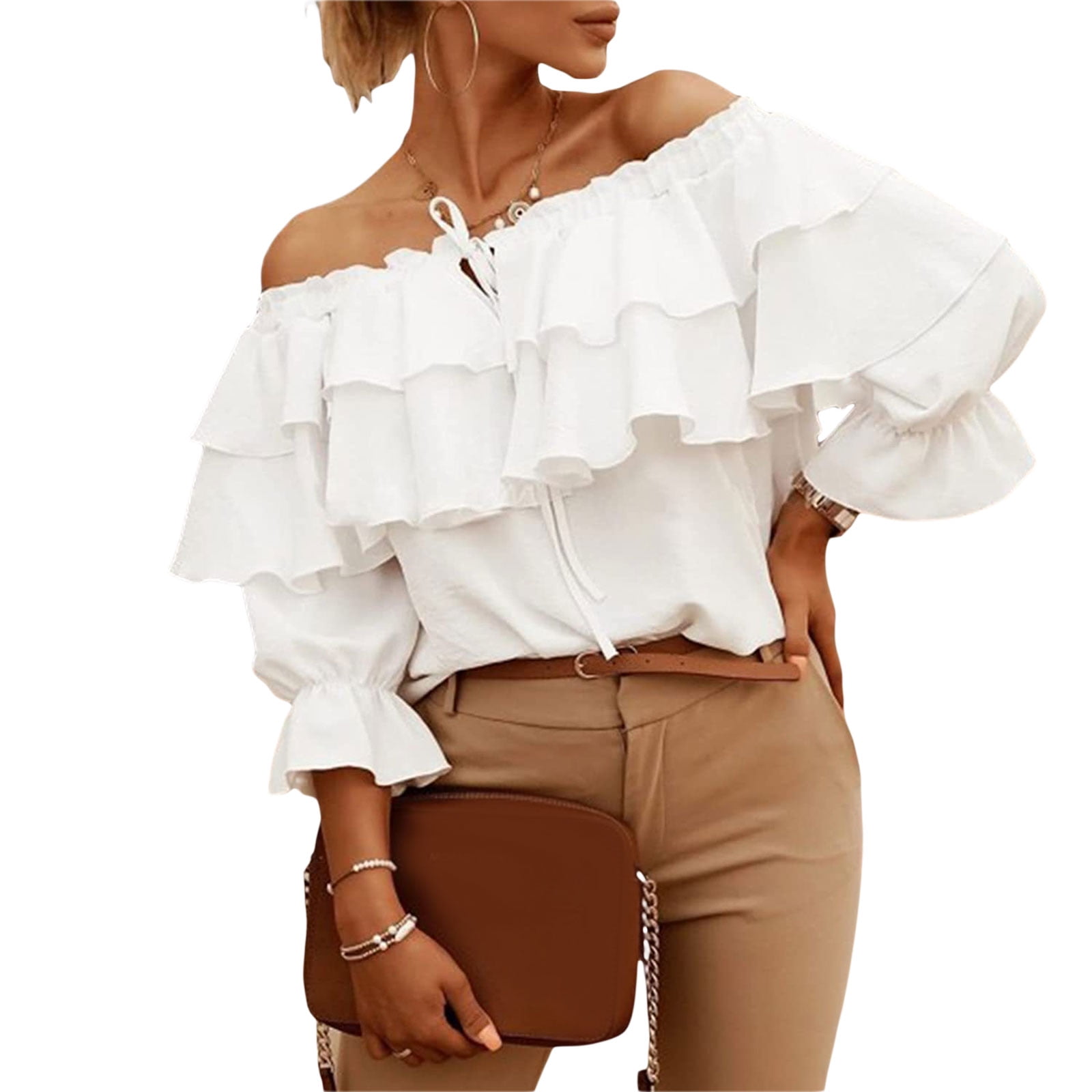 Women Fashion Wild Shirts Solid Color Boat-Neck Off-Shoulder Half ...