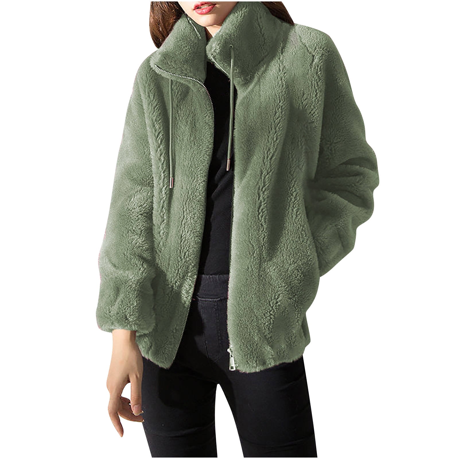 Women Faux Fur Coat Fuzzy Fur Jacket Stand Collar Drawstring Winter ...