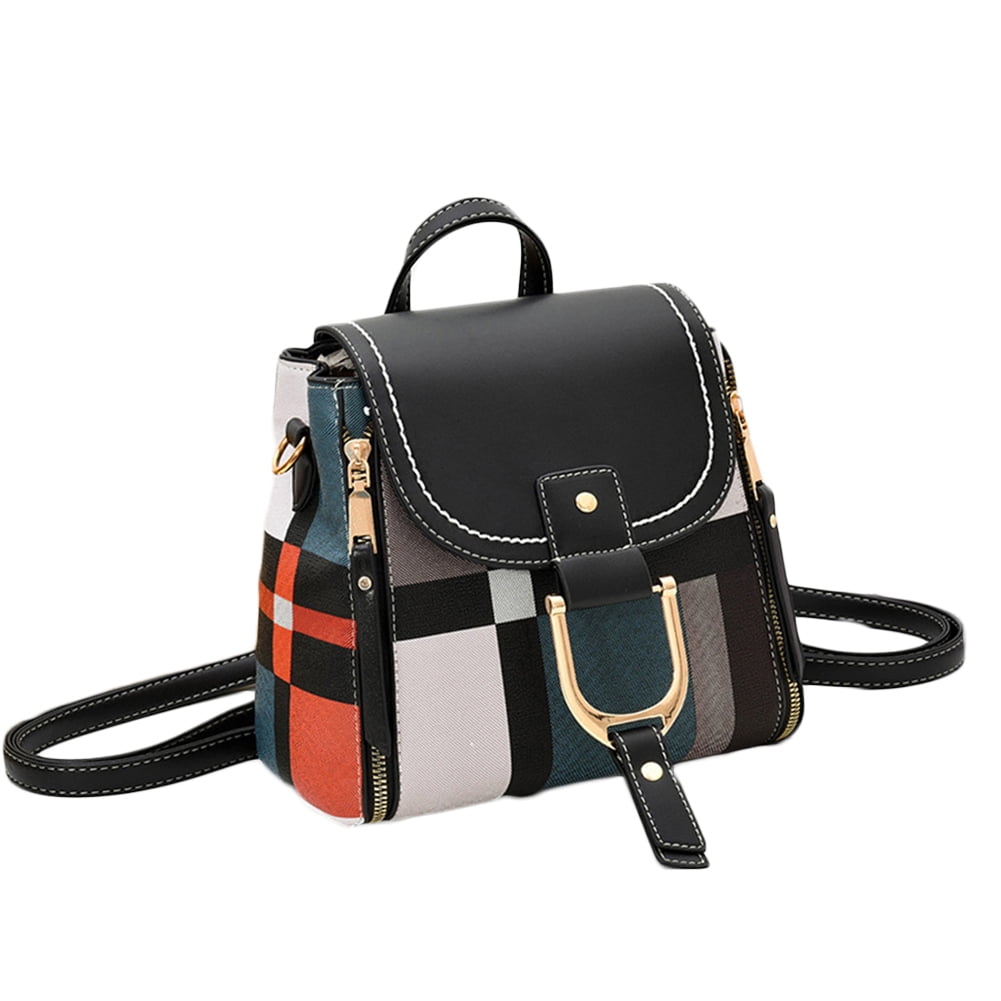 Women Faux Leather Color Block Plaid Mini Backpack Crossbody Shoulder ...