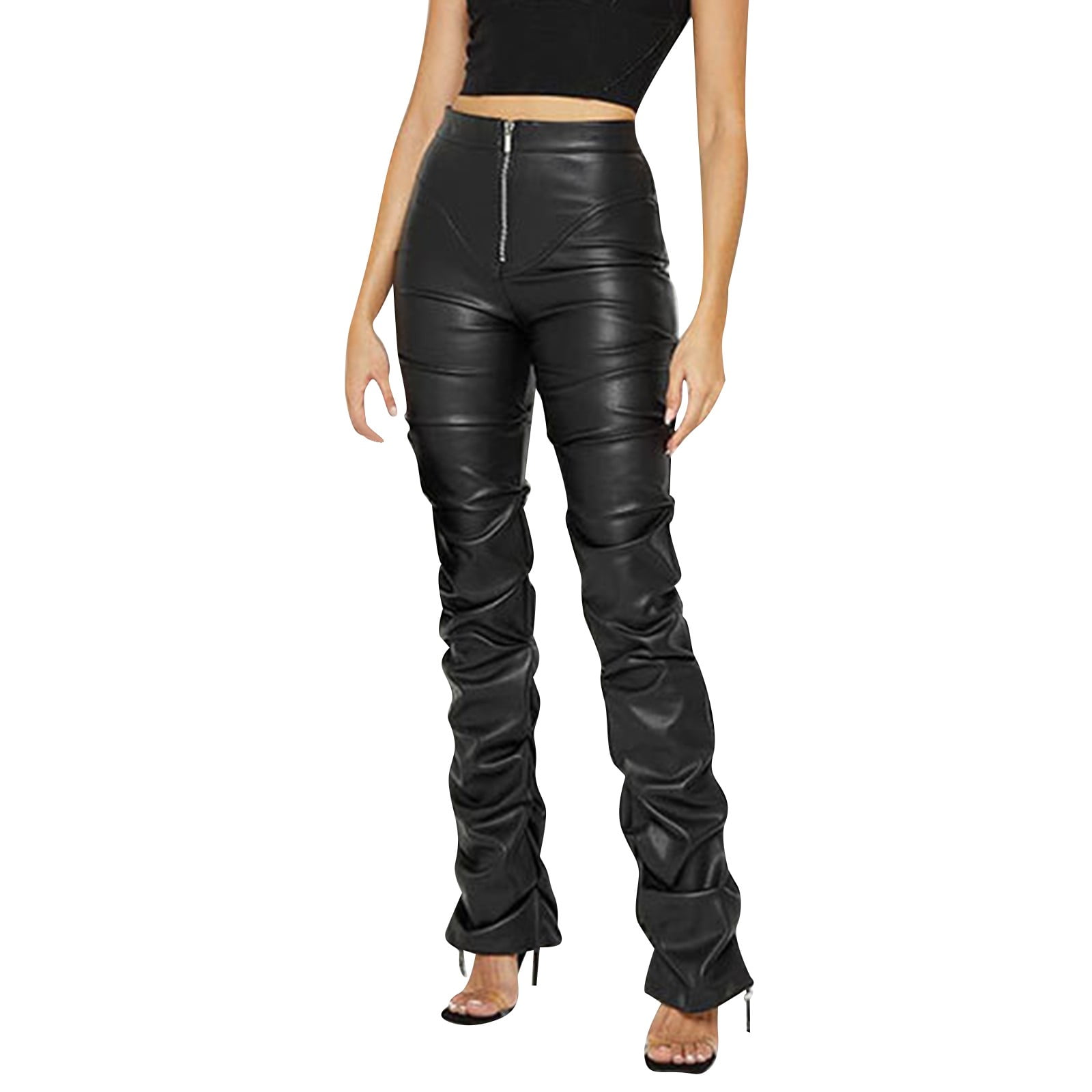 Women Leather Ruched Pants Low Waist Skinny PU Leather Stacked Leggings ...