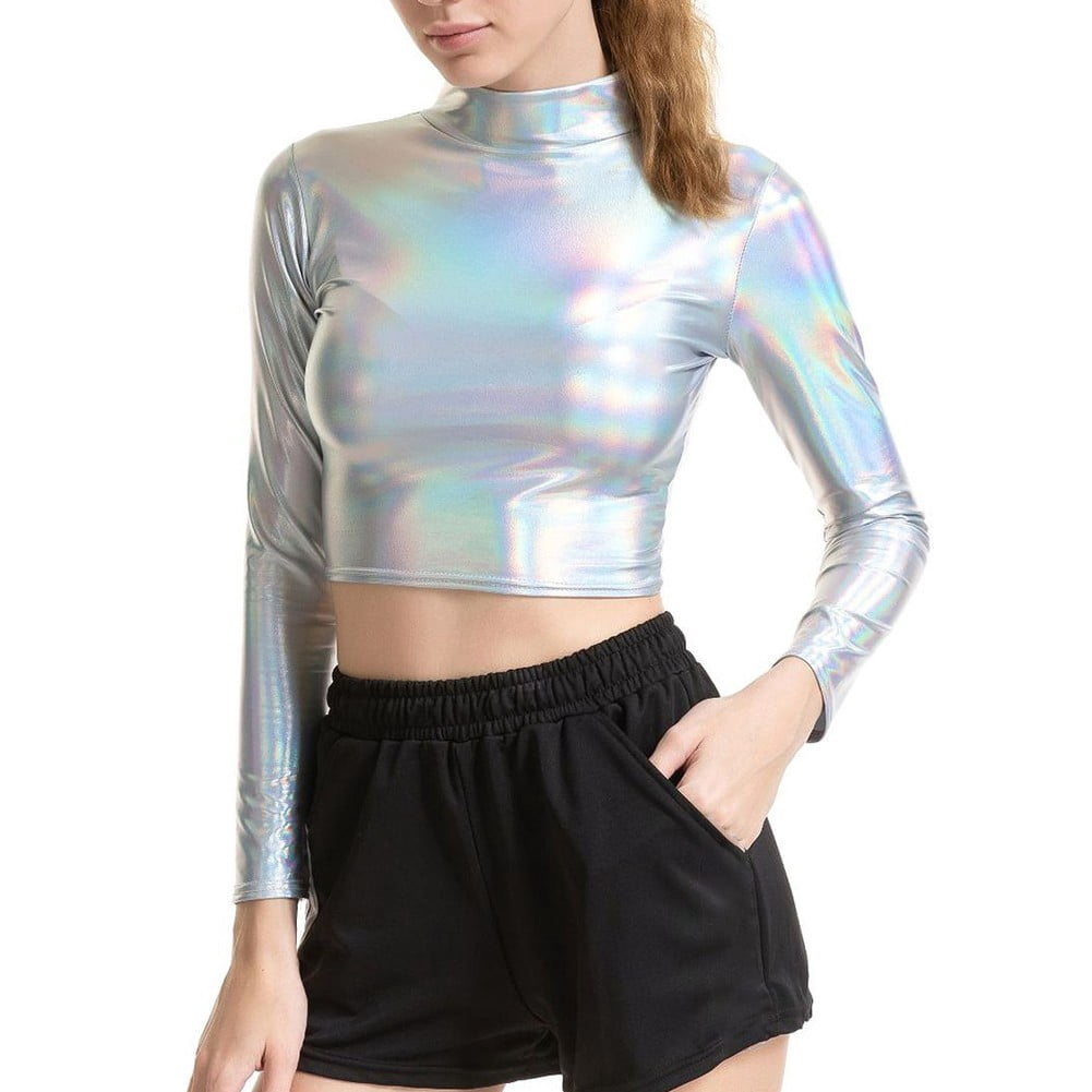 Women Faux Leather Shiny Wetlook Mock Neck Long Sleeve Crop Top Dance ...