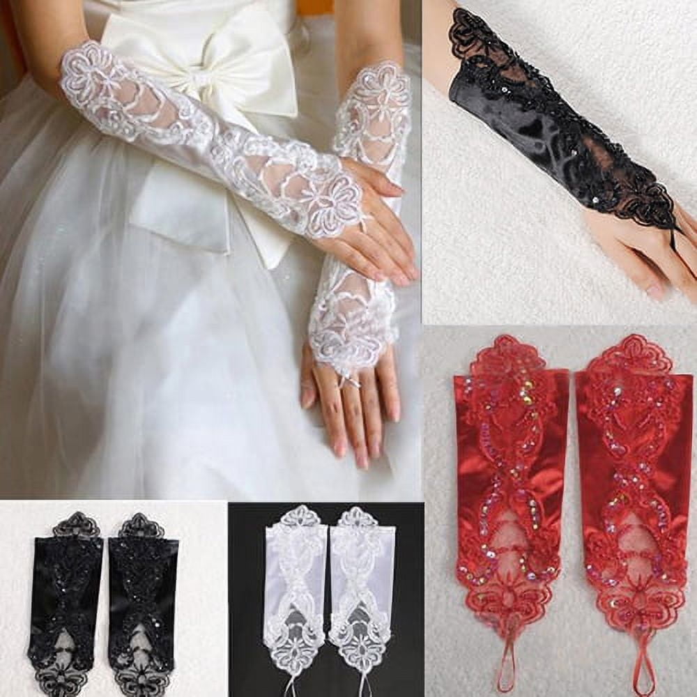 Women Faux Pearl Lace Gloves Bride Fingerless Wedding Party Bridal ...