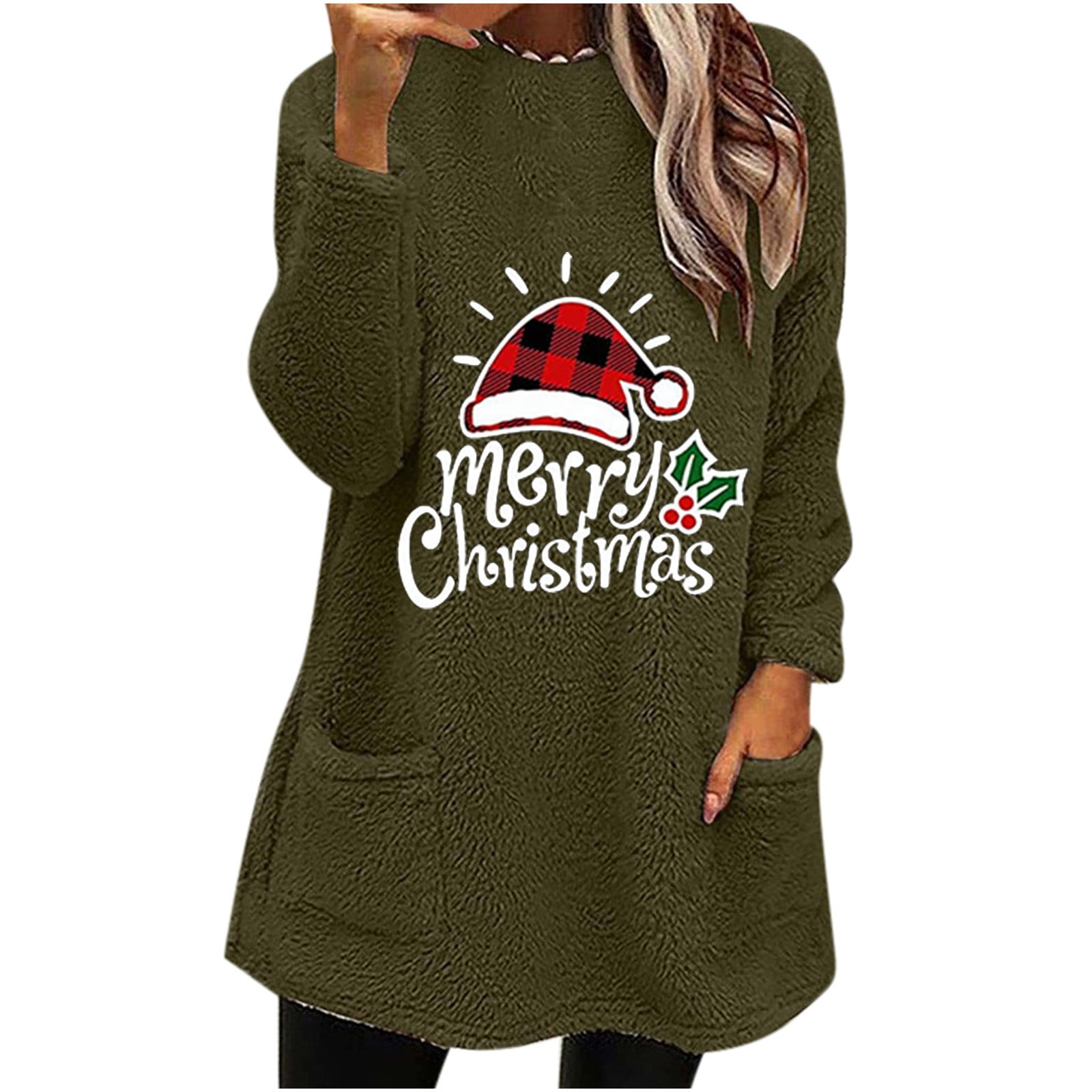 Women Faux Shearling Tunic Tops 2 Pockets Christmas Printed Crewneck ...