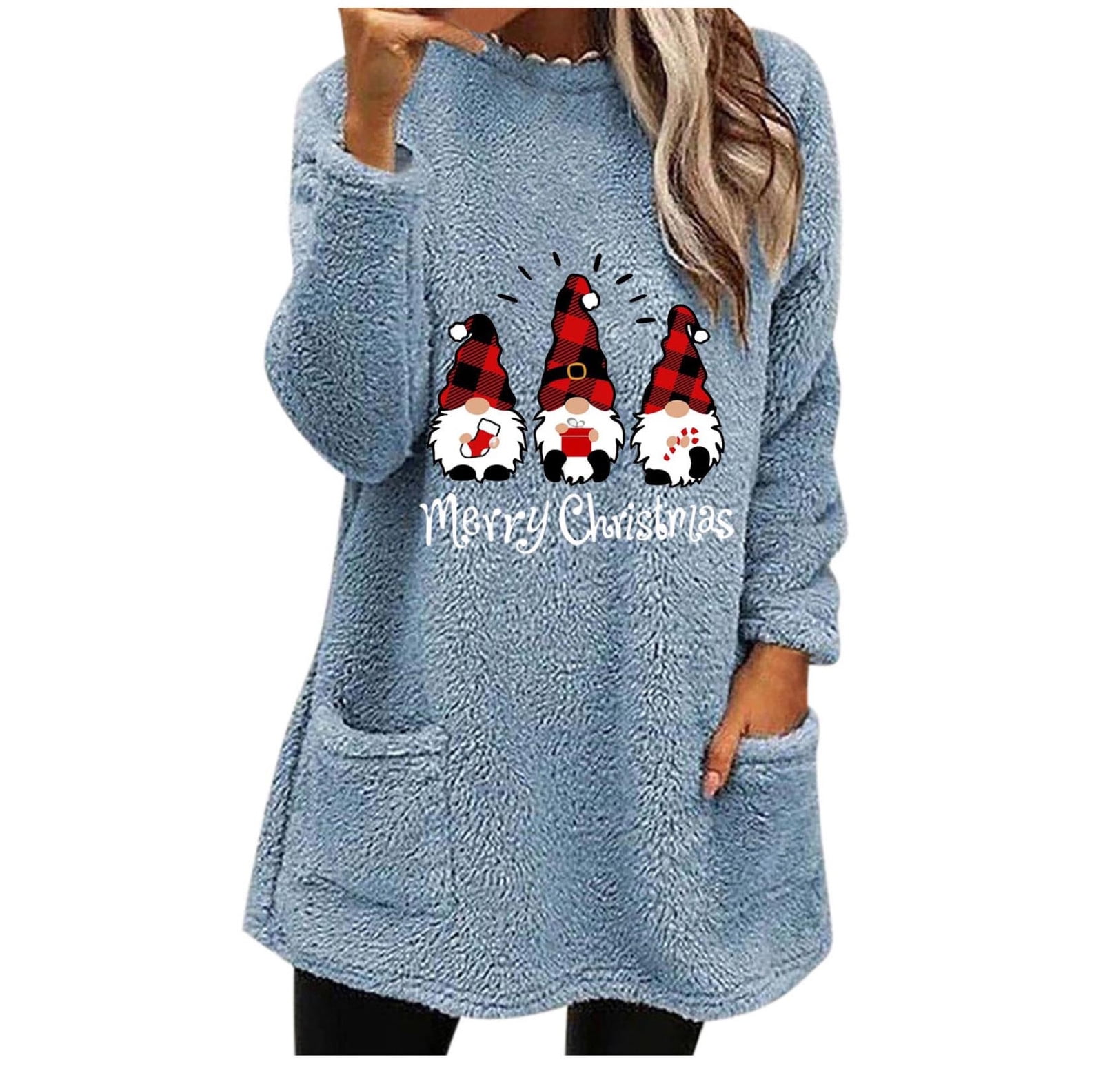 Women Faux Shearling Tunic Tops 2 Pockets Christmas Printed Crewneck ...
