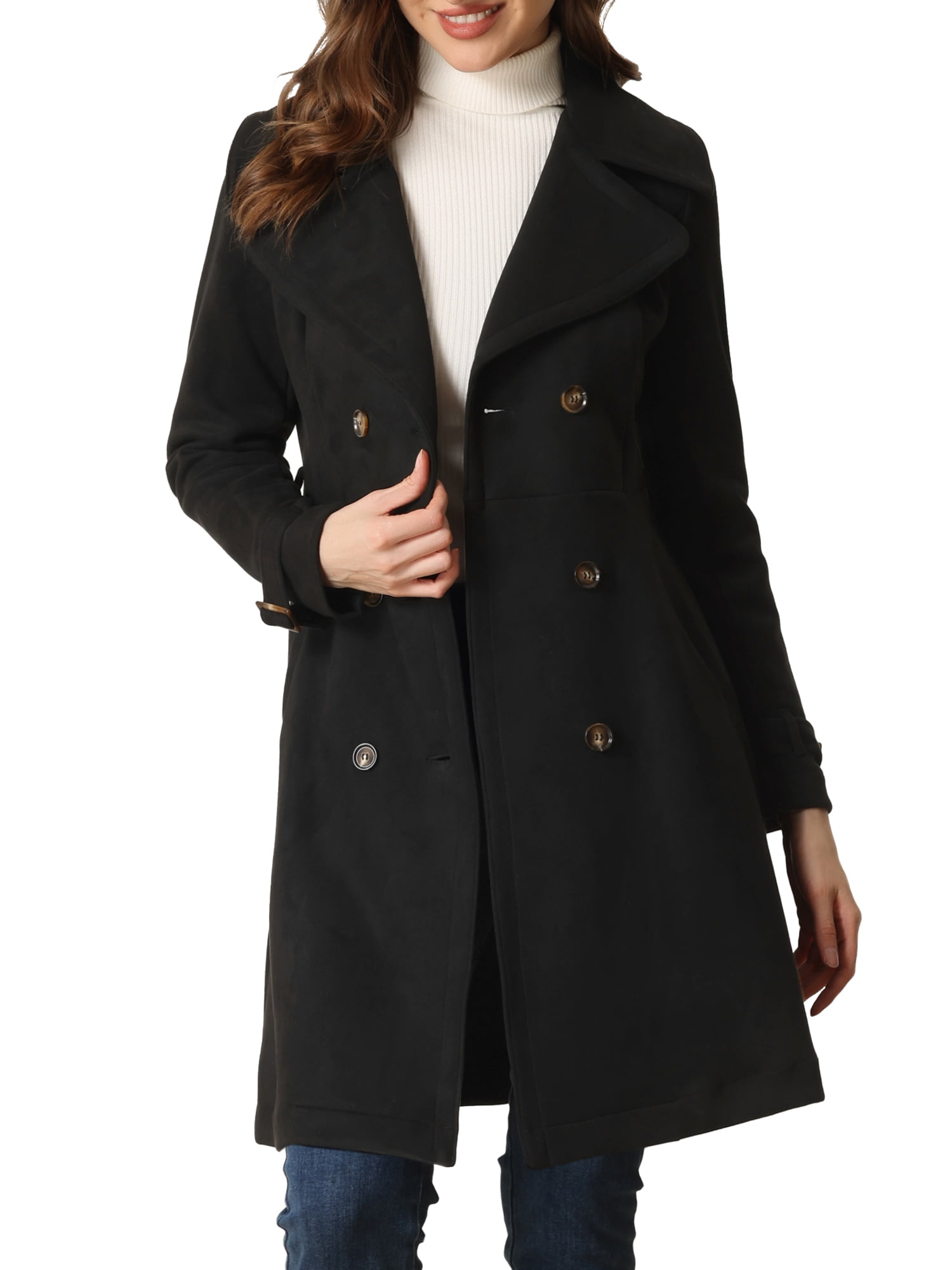 Allegra K Women's Faux Suede Notched Lapel Strap Cuff Solid Double ...