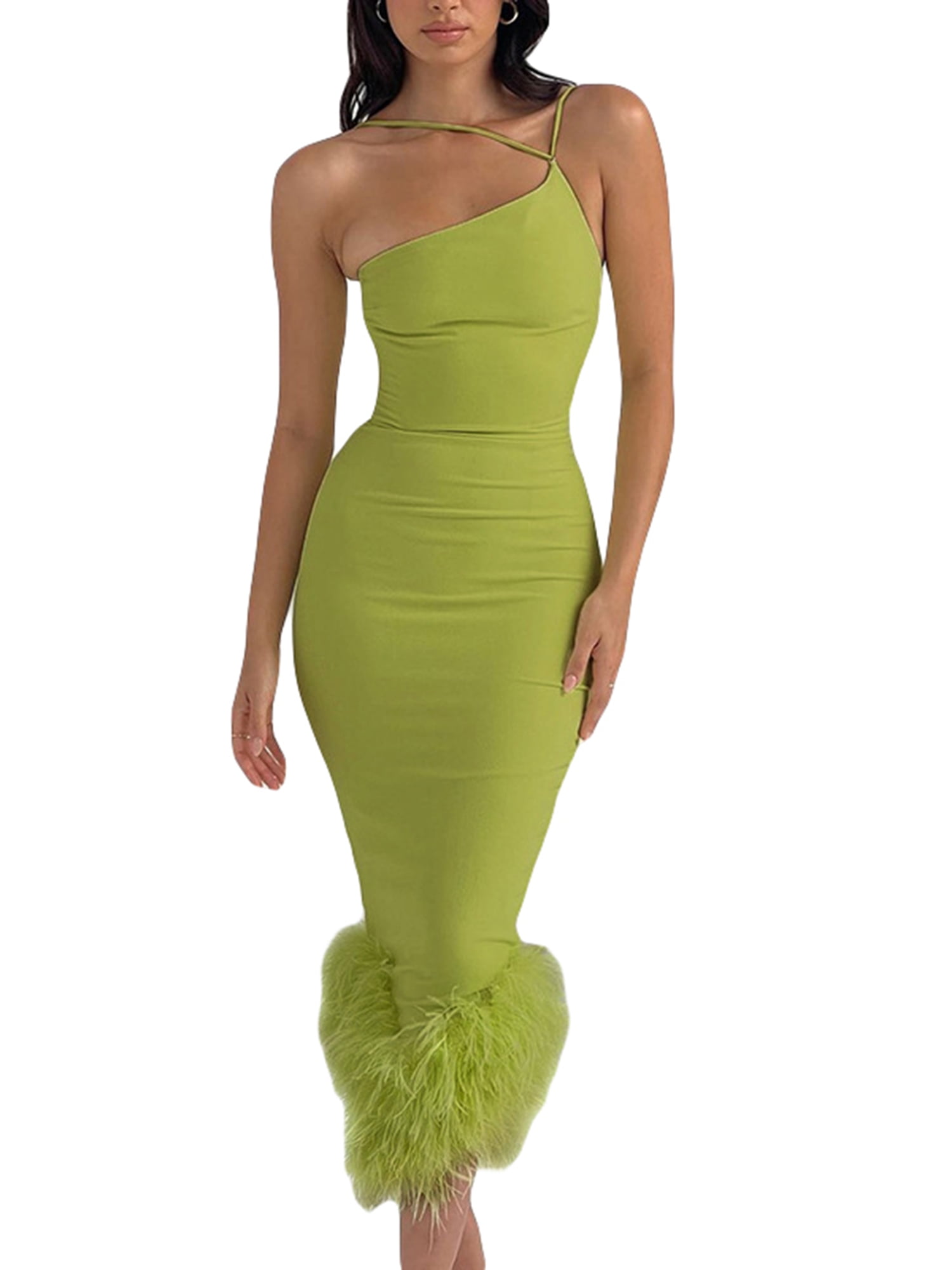 Women Feather Hem Sleeveless Long Dress Backless Fur Trim Slim Bodycon ...