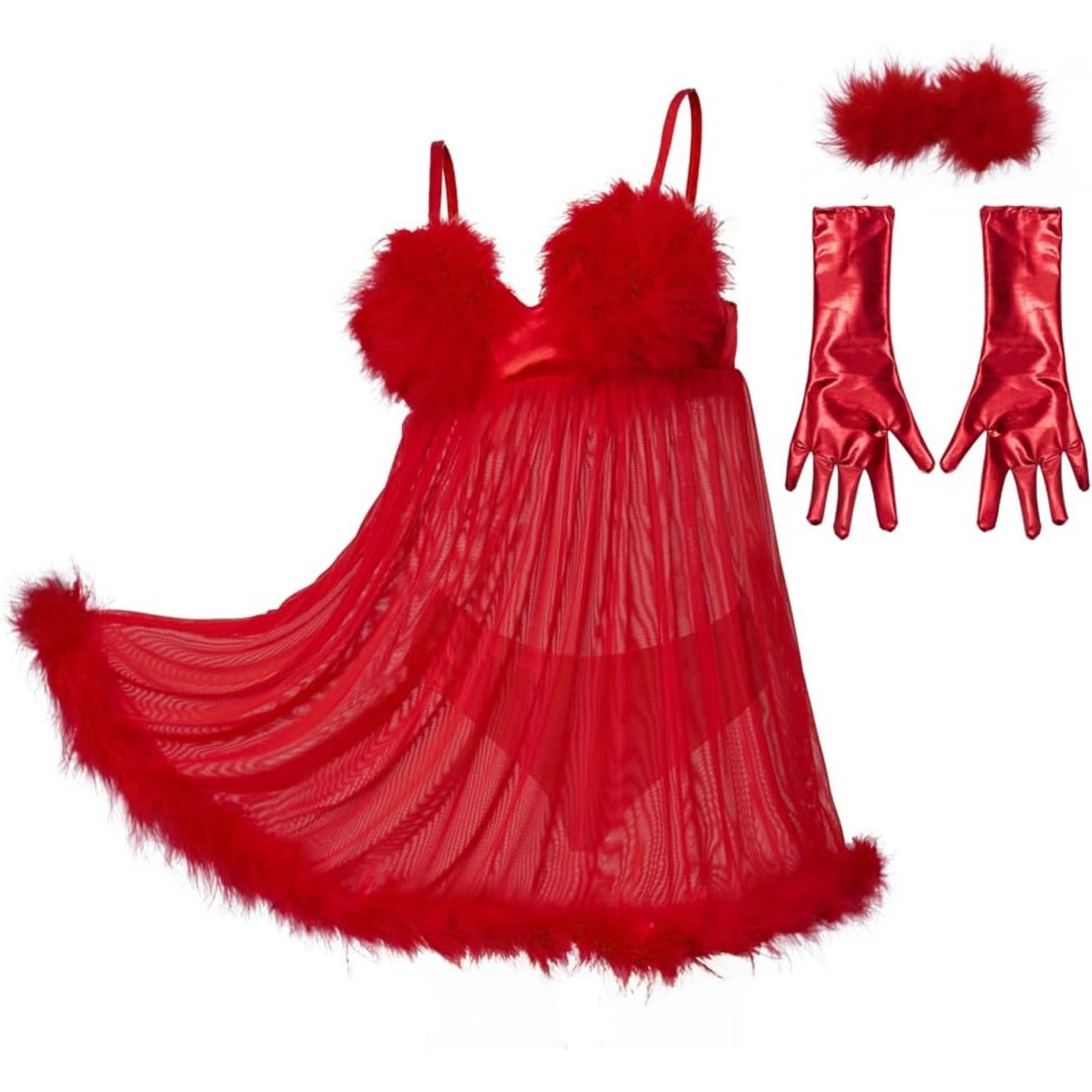 Women Fembot Costume Red Sexy Feather Lingerie Suit Suspender Dress ...