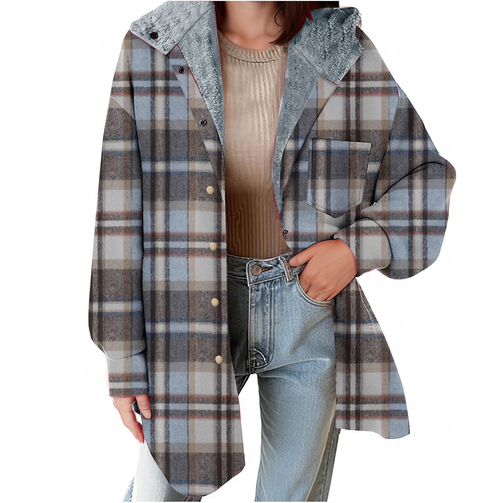 Women Flannel Plaid Jacket Mid Length Button Up Hooded Midweight Casual ...
