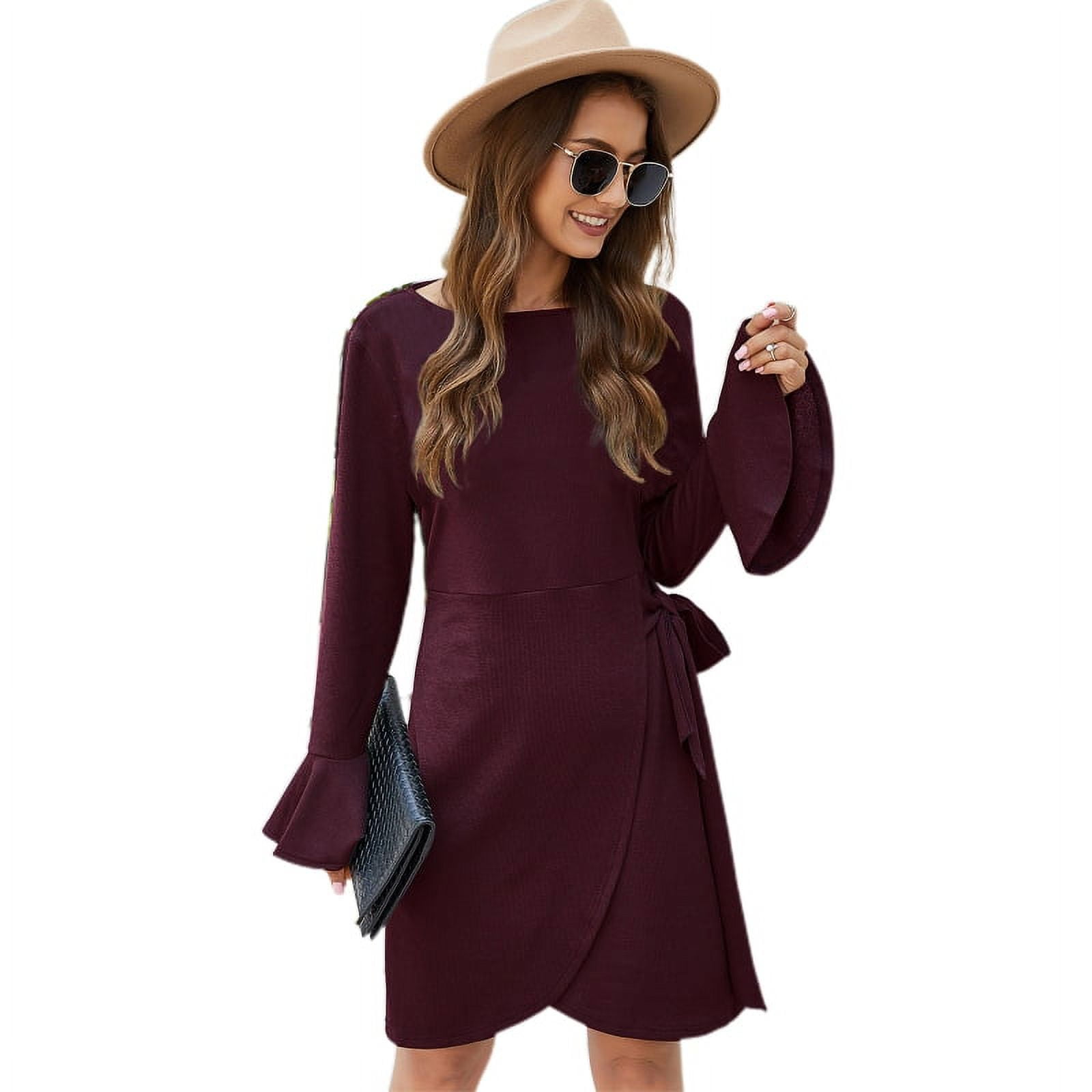 Women Flare Long Sleeve Ruffle Back Keyhole Tie Waist Split Irregular ...