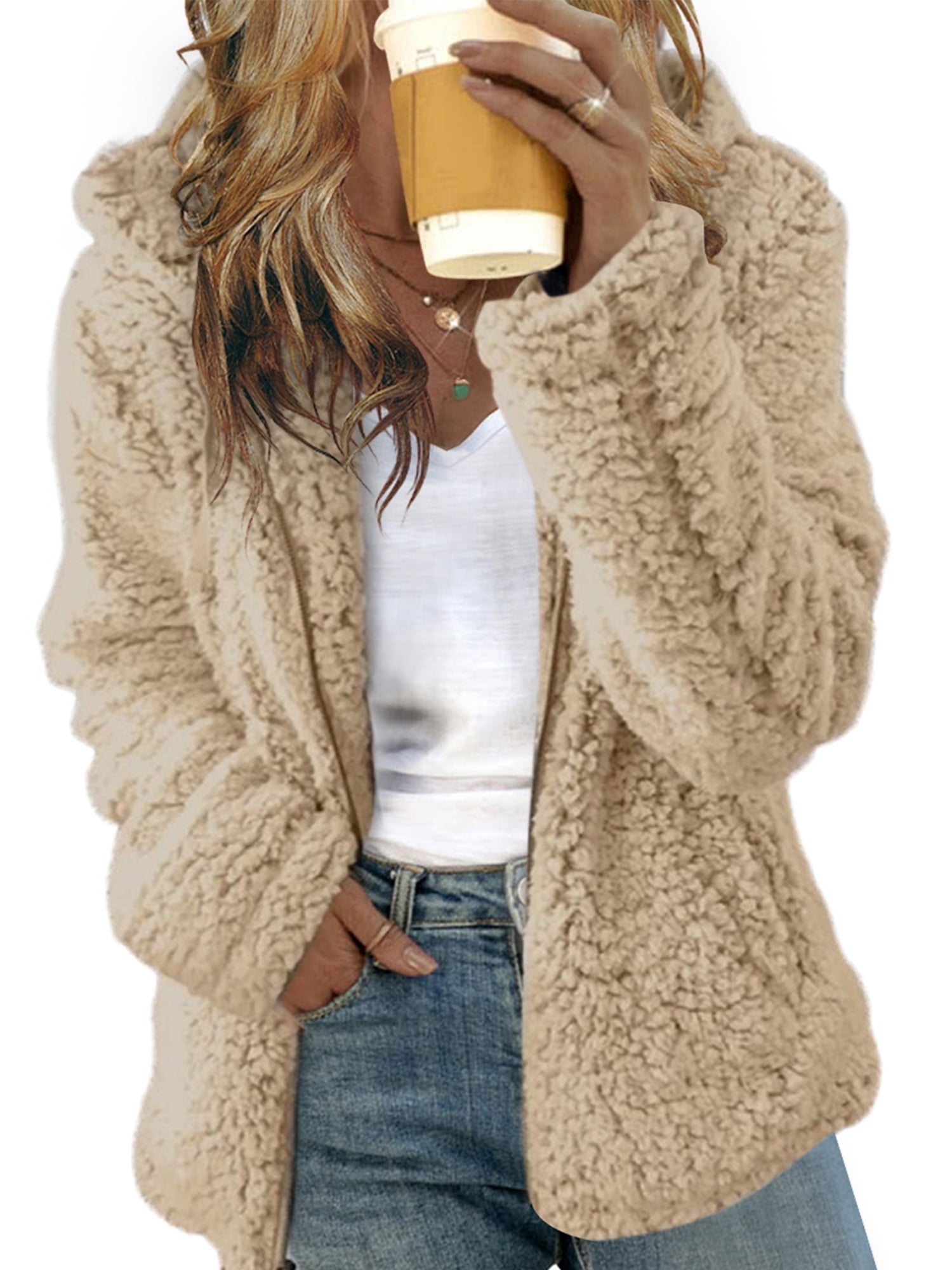 Women Fleece Fuzzy Zipper Jacket Casual Long Sleeve Plush Fluffy ...