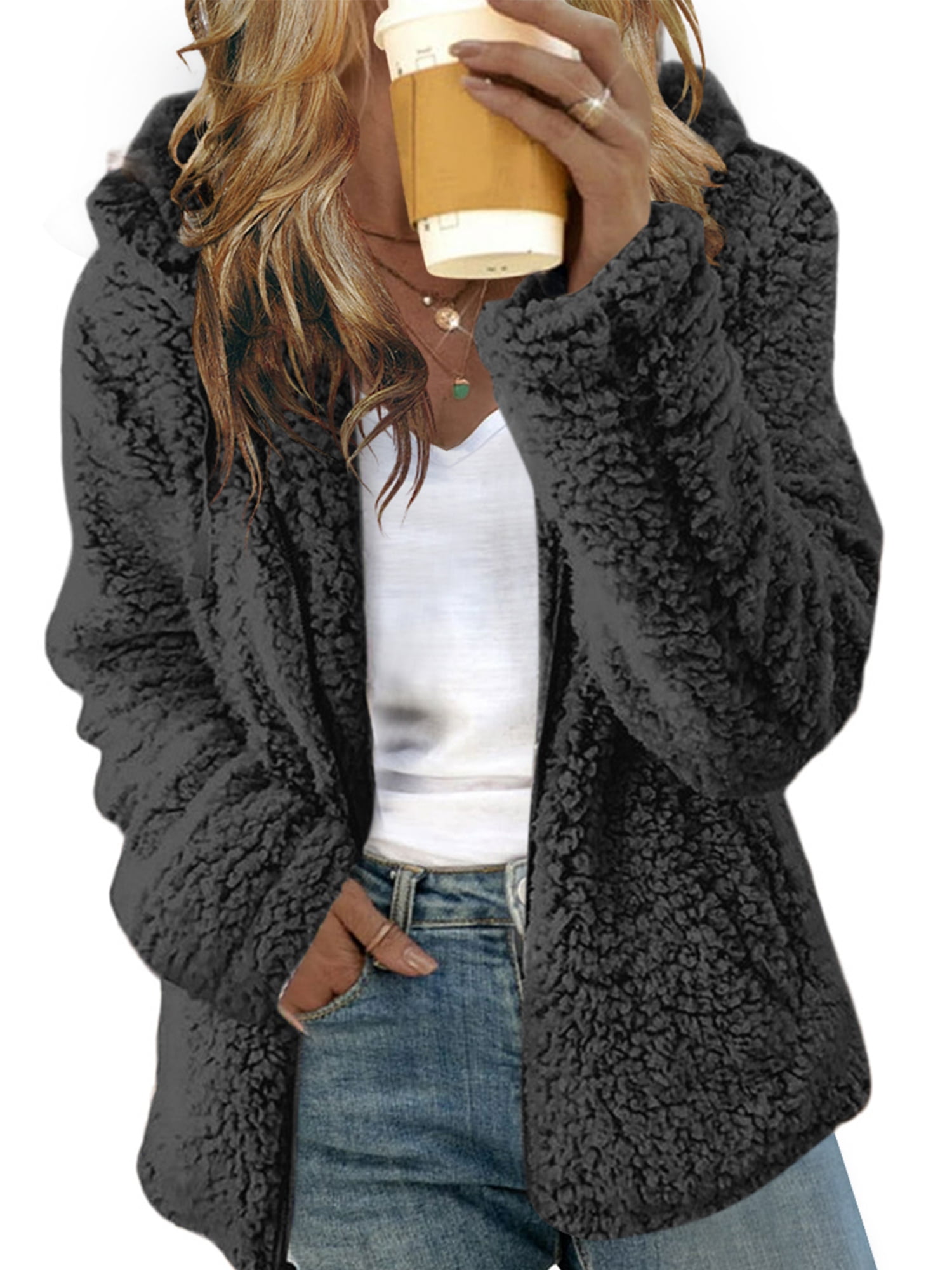 Women Fleece Fuzzy Zipper Jacket Casual Long Sleeve Plush Fluffy ...