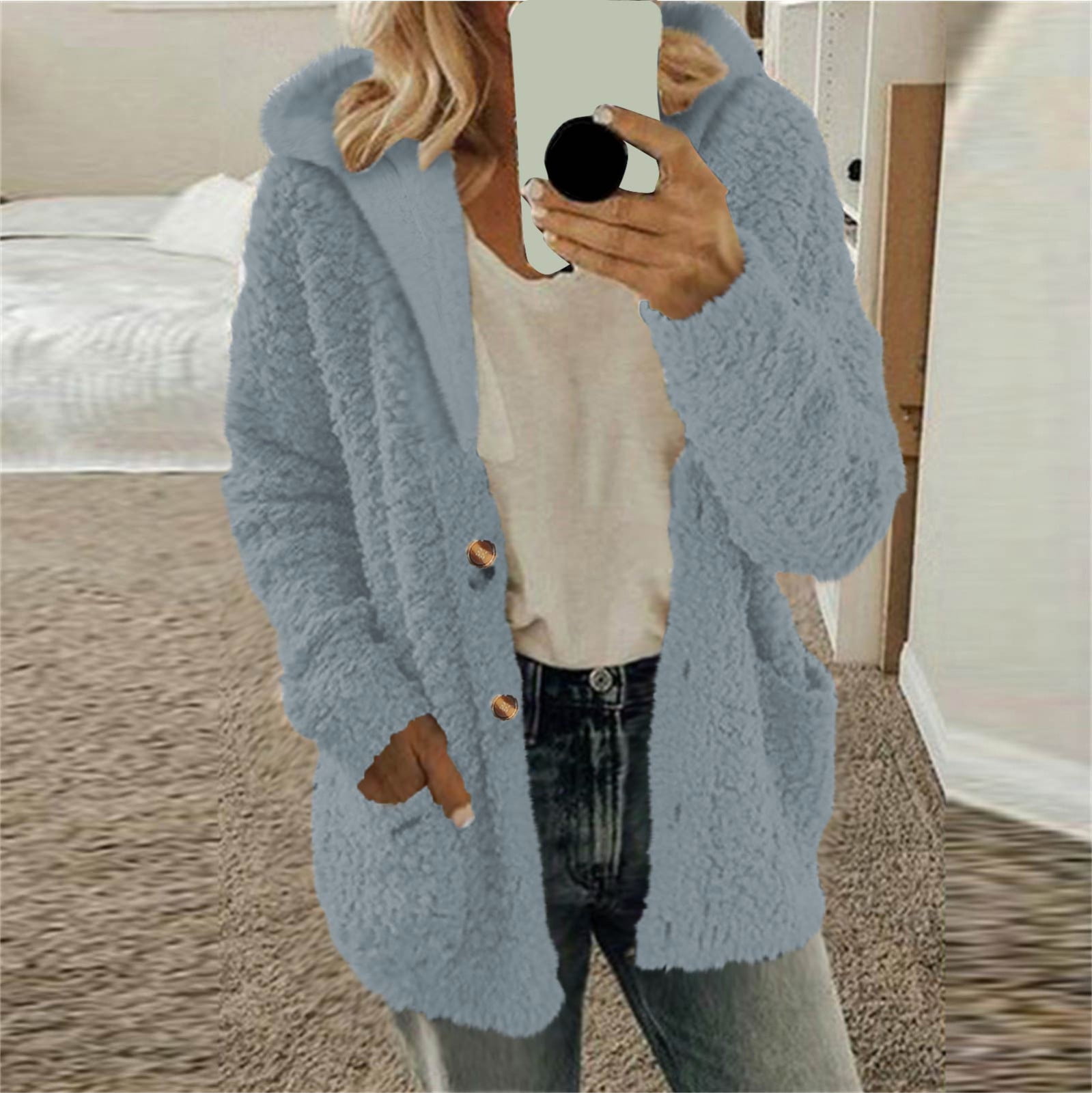 Women Fleece Jacket with Hood Long Sleeve Button Down Fuzzy Jackets ...