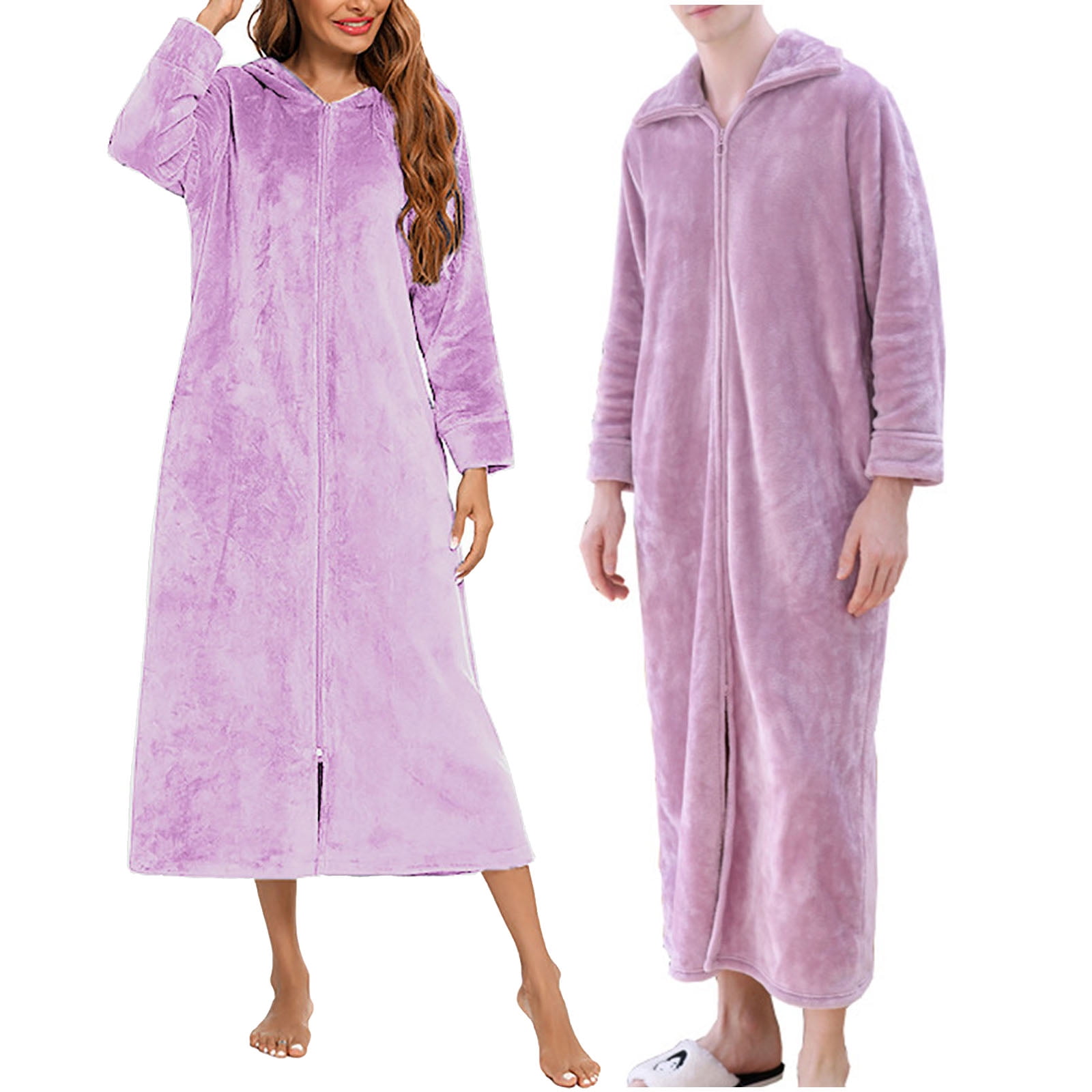 Women Fleece Robe Zipper Front Hooded Bathrobes Long Sleeve Fluffy Soft ...