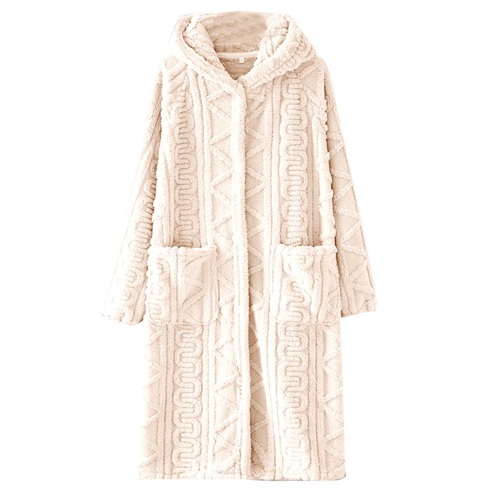 Women Fleece Robes Plush Hooded Sweater Bathrobes Solid Color Flannel ...