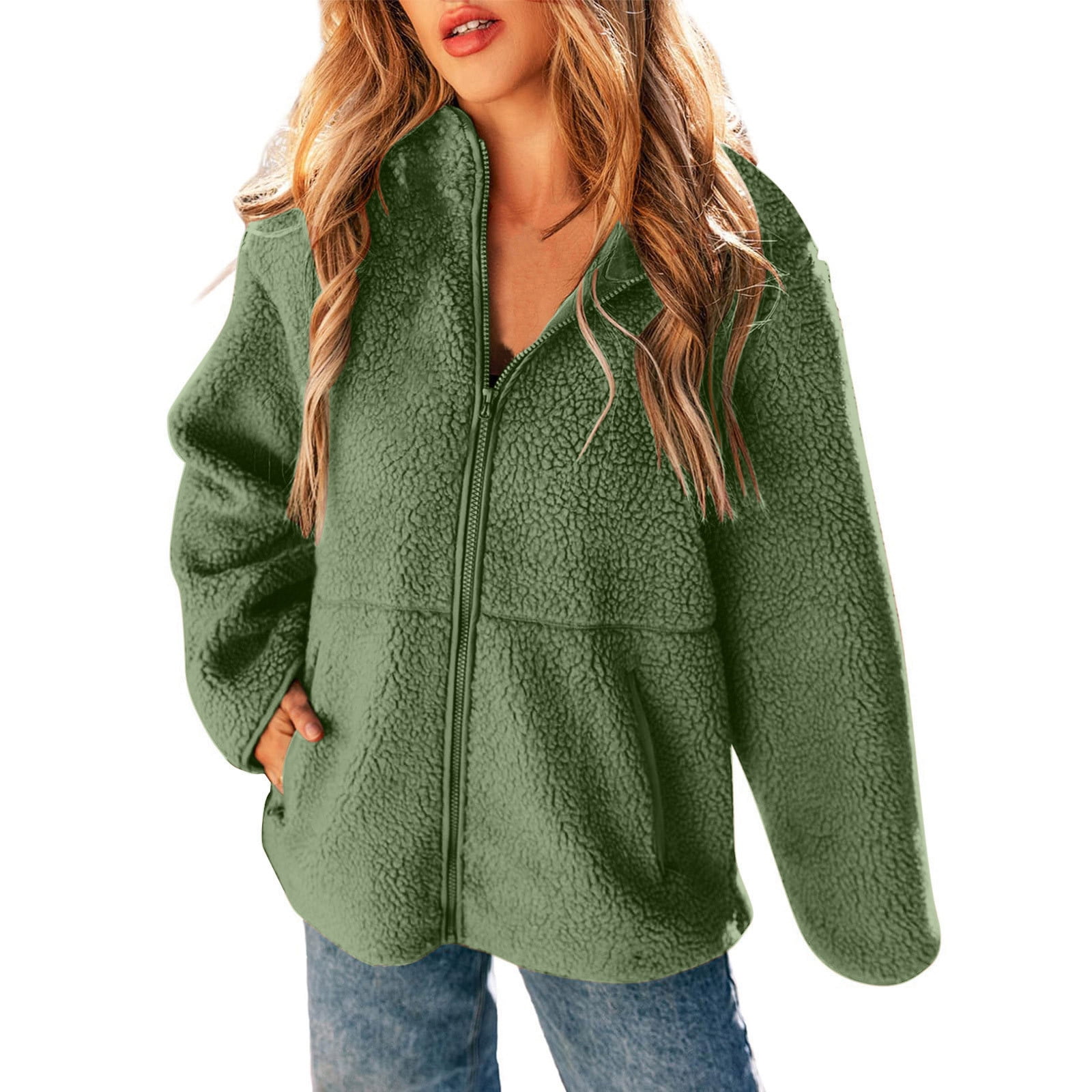 Women Fleece Sherpa Jacket No Hood Casual Warm Winter Full Zip Up ...