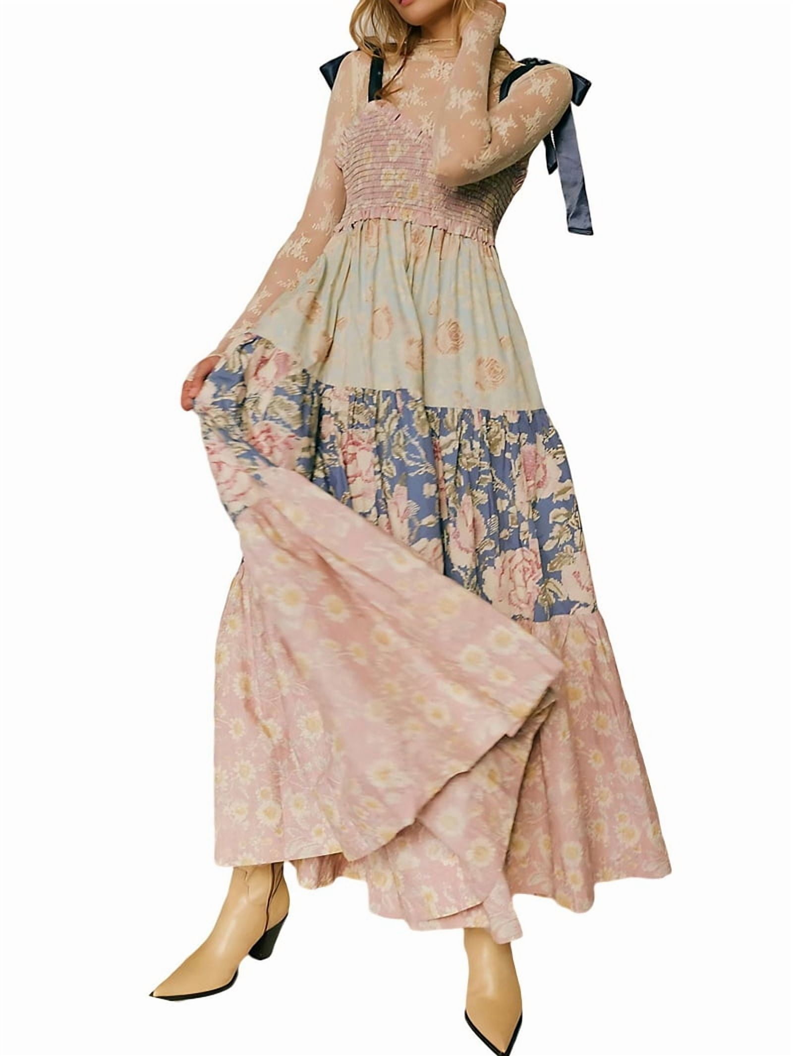 Women Floral Boho Sundress Tie Shoulder Smocked Patchwork Flowy Maxi ...