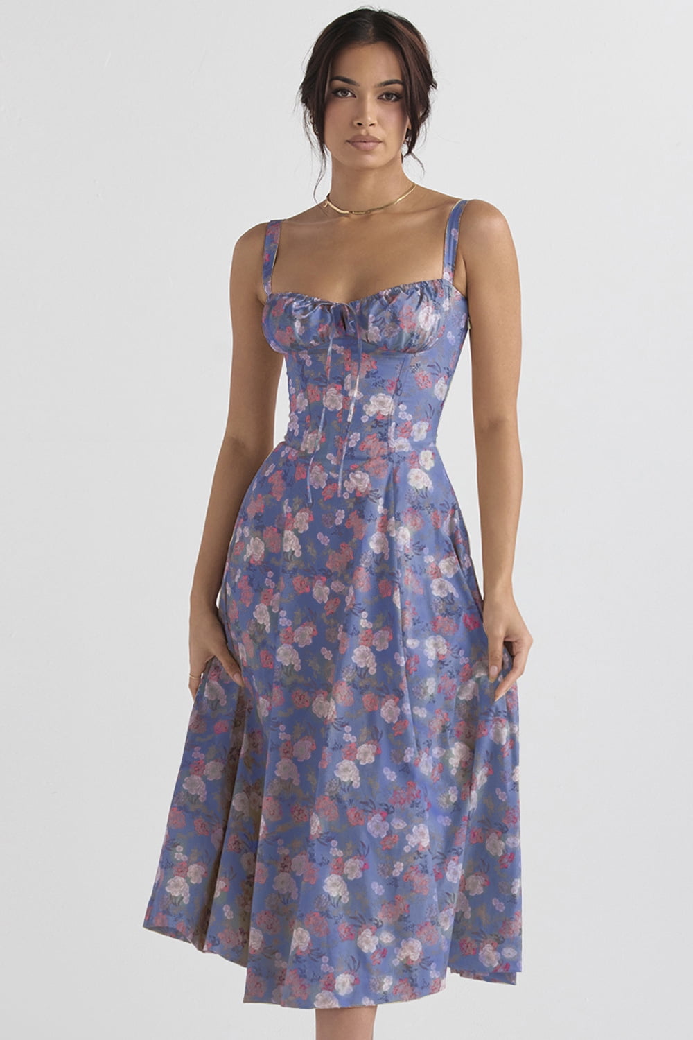 Women Floral Corset Midi Dress, Print Bustier Sundress, Flowy Slit ...