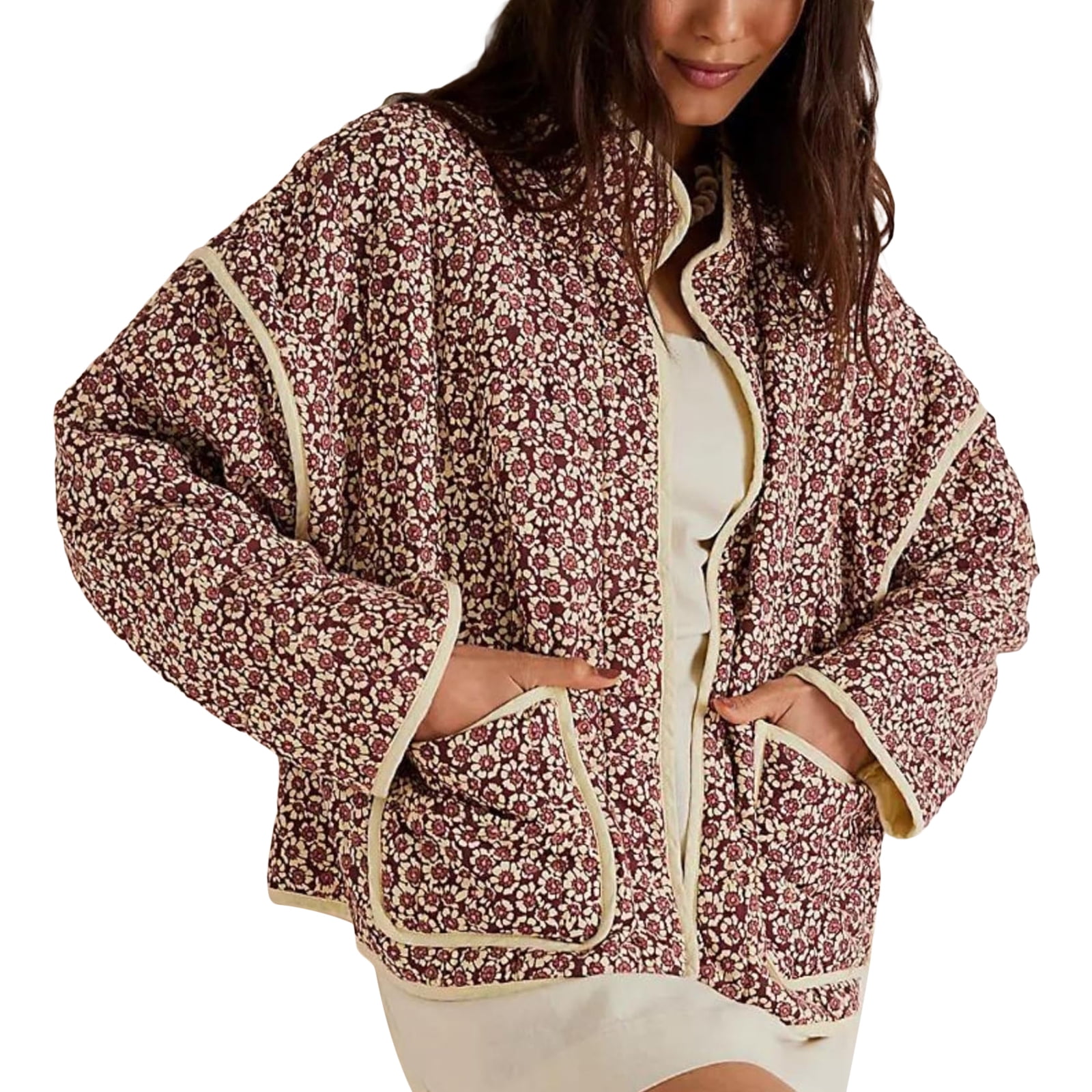 Women Floral Cropped Quilted Jacket Cardigan Lightweight Boho Print ...