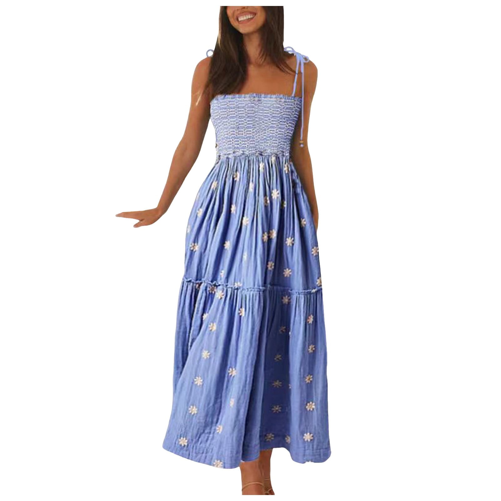 Women Floral Embroidered Maxi Dress Sleeveless Tie Shoulder Smocked ...