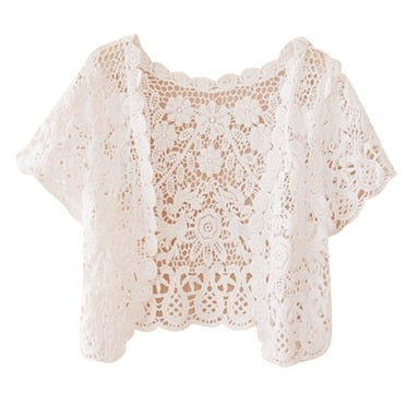 Women Summer Short Sleeve Crochet Shrugs Hollow Out Flower Lace Open ...