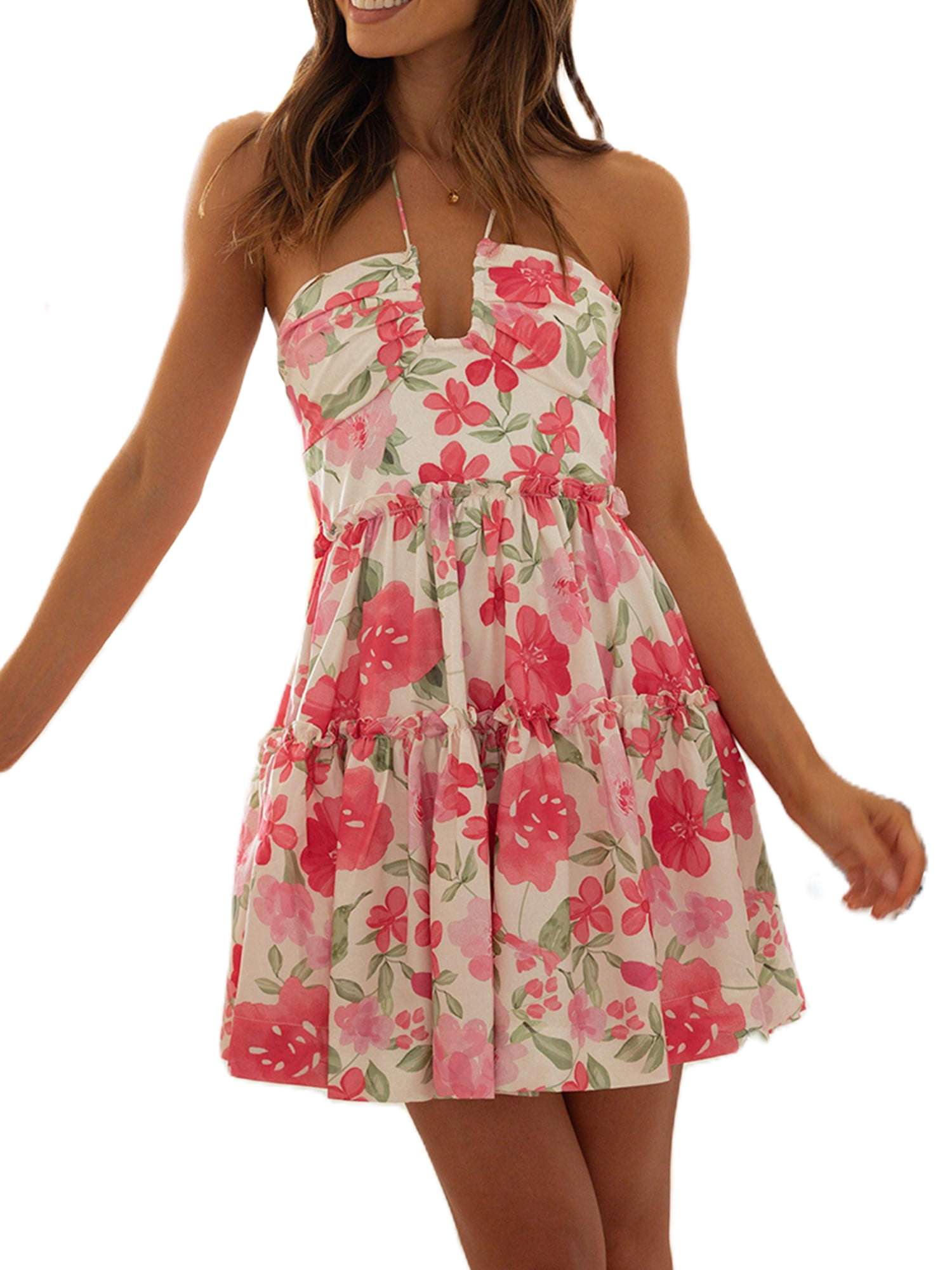 Women Floral Mini Dress Casual Sleeveless Halter Neck Backless Flowy ...