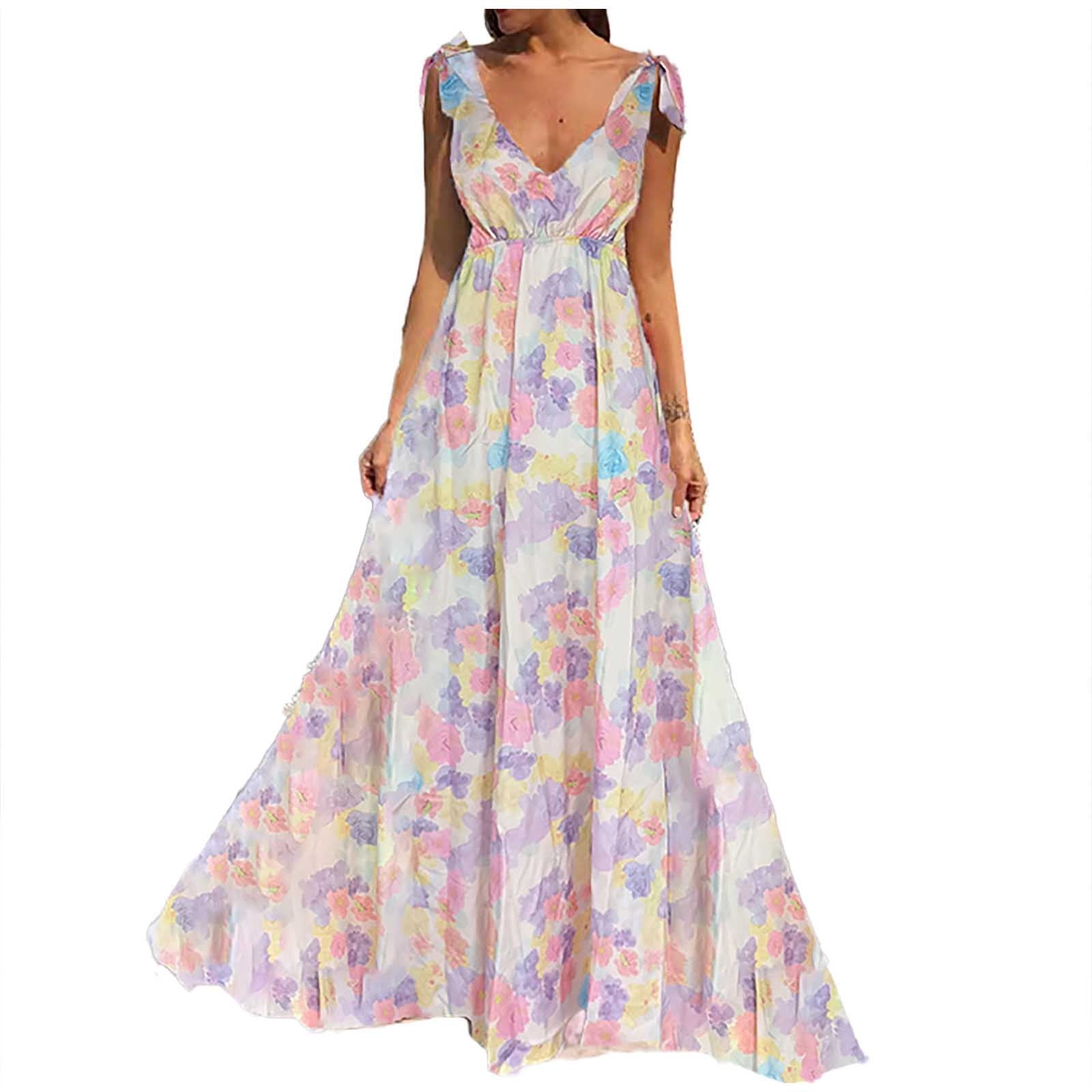 Women Floral Print Maxi Dress Sleeveless Swing A-Line Long Dresses For ...
