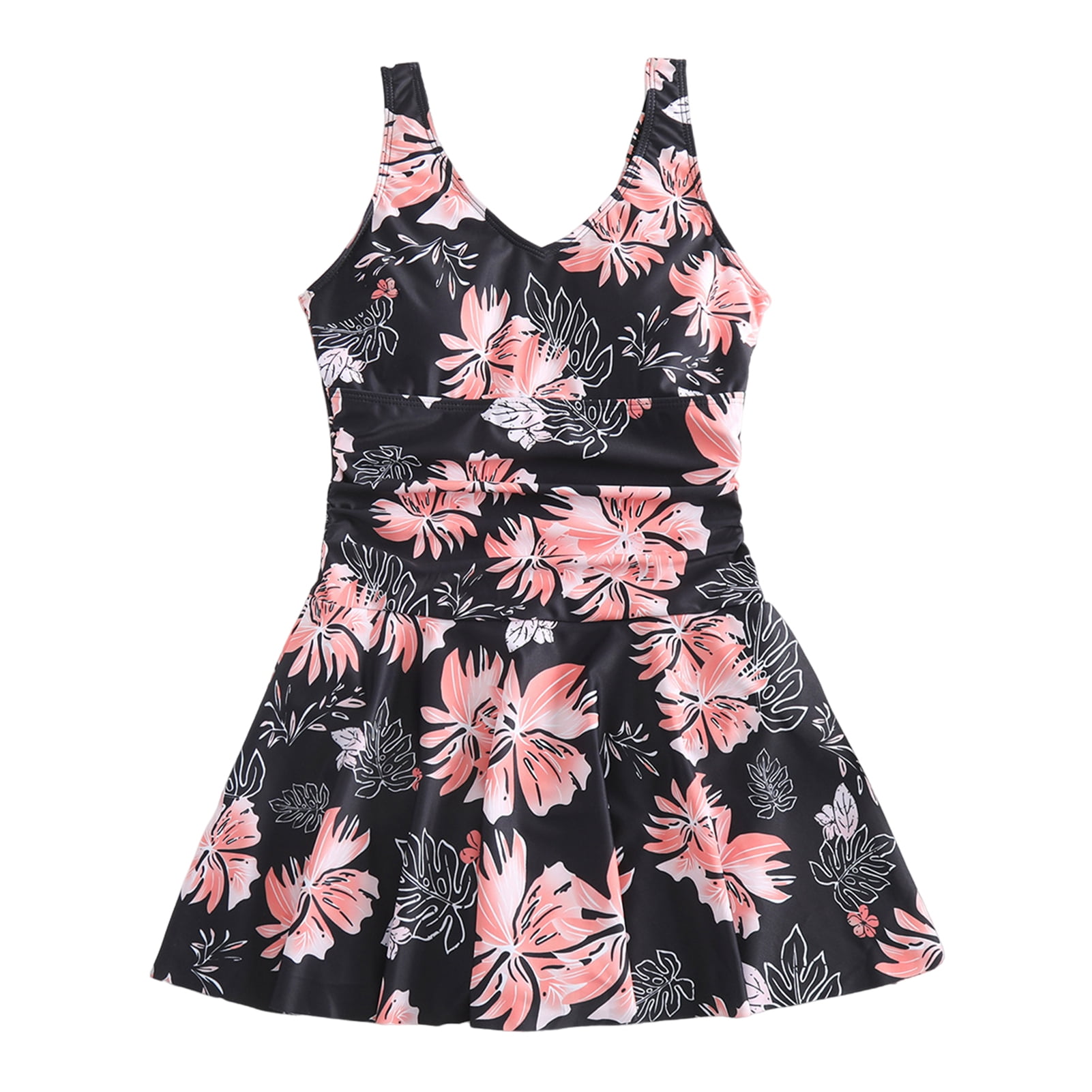 Women Floral Print Monokini Deep V-Neck Sleeveless Flowy Hem One-piece ...