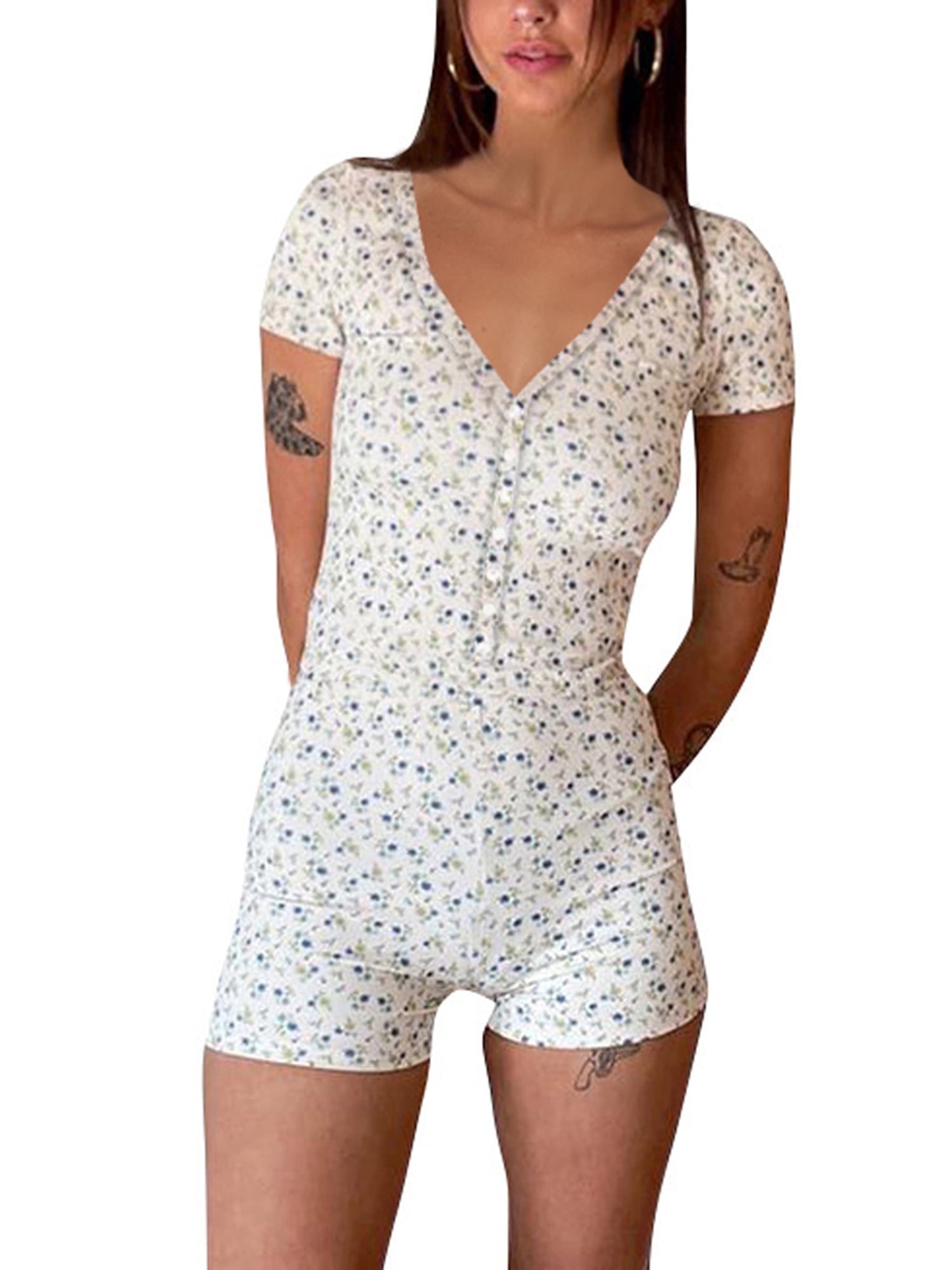 Women Floral Print Rompers V Neck Button-Down Short Sleeve Jumpsuit ...