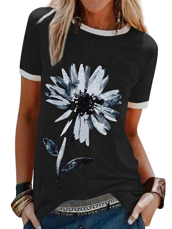 Women Floral Printed Round Neck Short Sleeves Top - Walmart.com