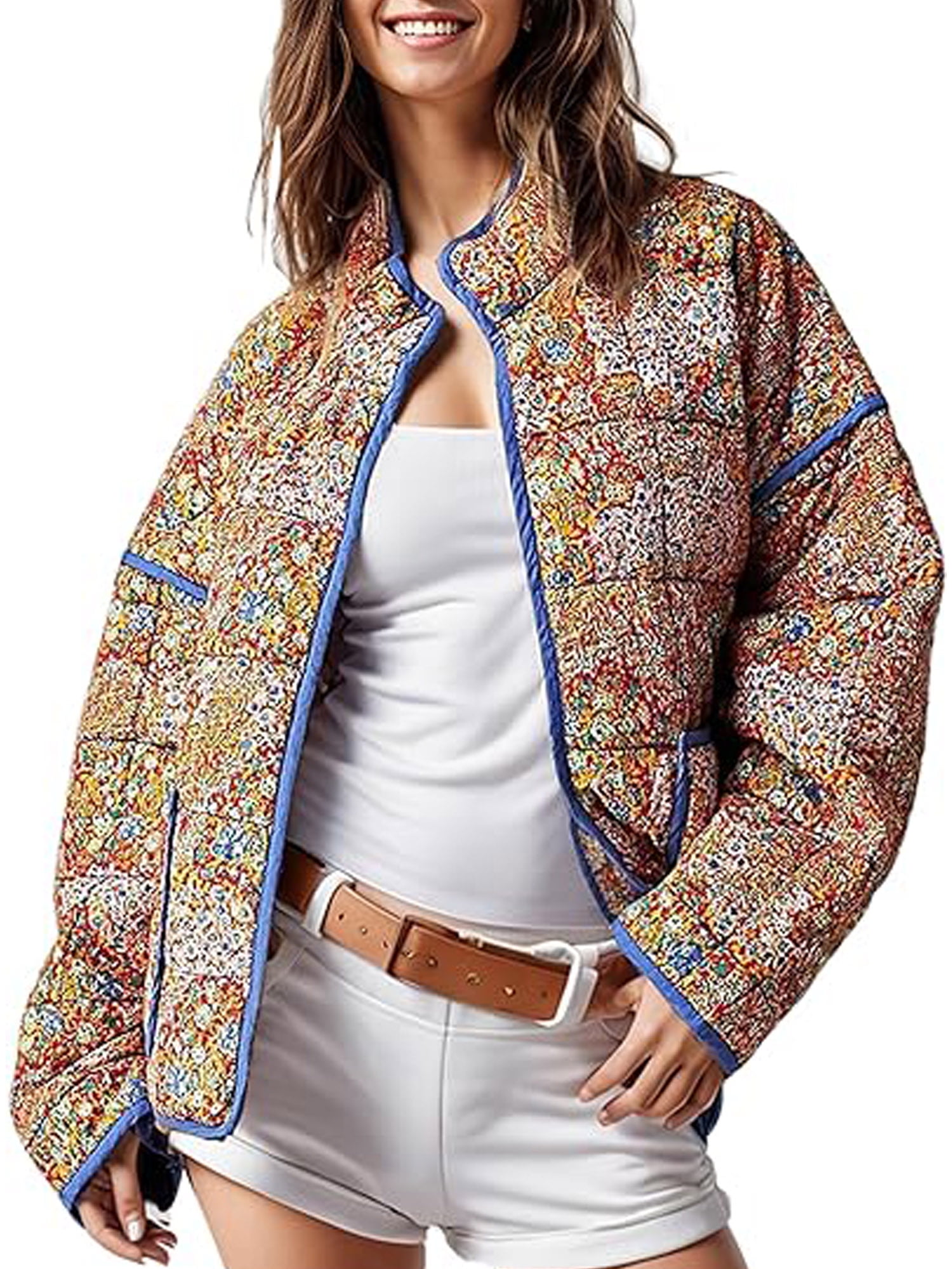 Women Floral Quilted Puffer Jacket Cropped Lightweight Patchwork ...