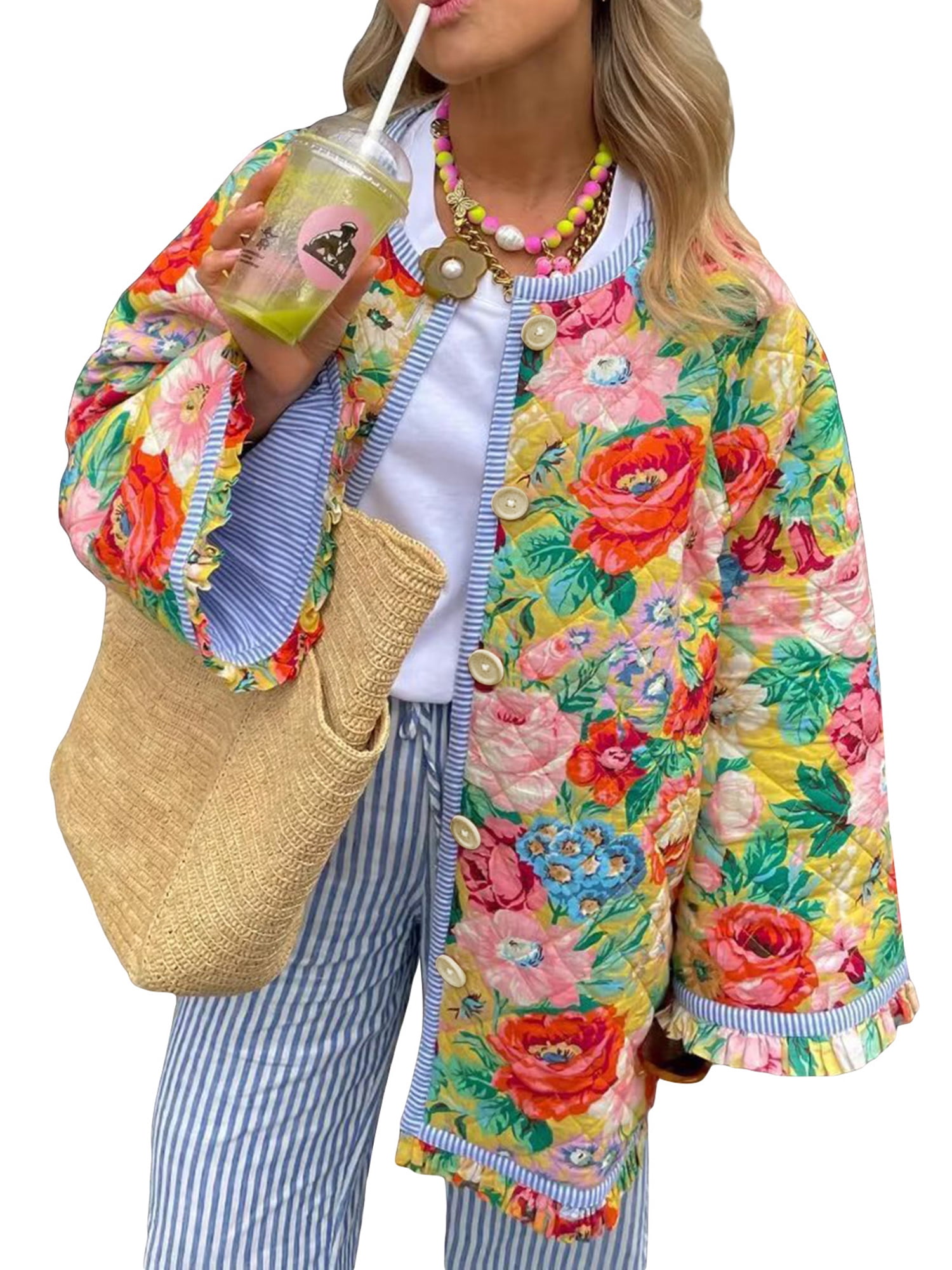 Women Floral Quilted Puffer Jacket Cropped Lightweight Patchwork ...