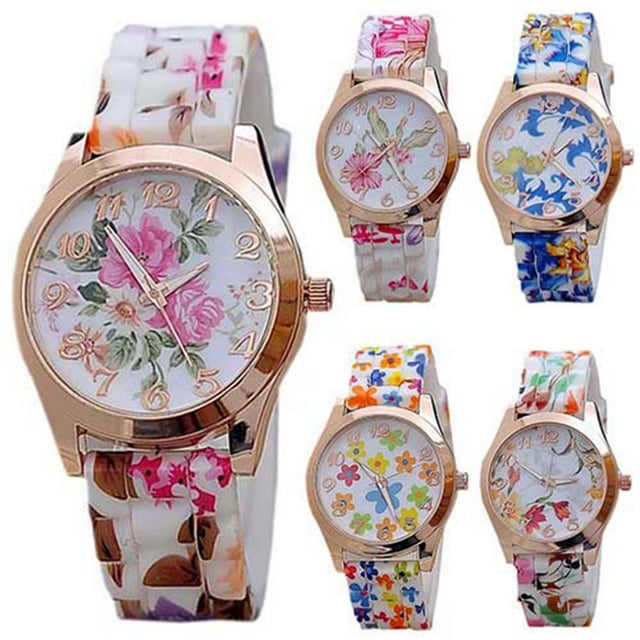Women Flower Print Silicon Band Arabic Numerals Dial Quartz Wrist Watch ...