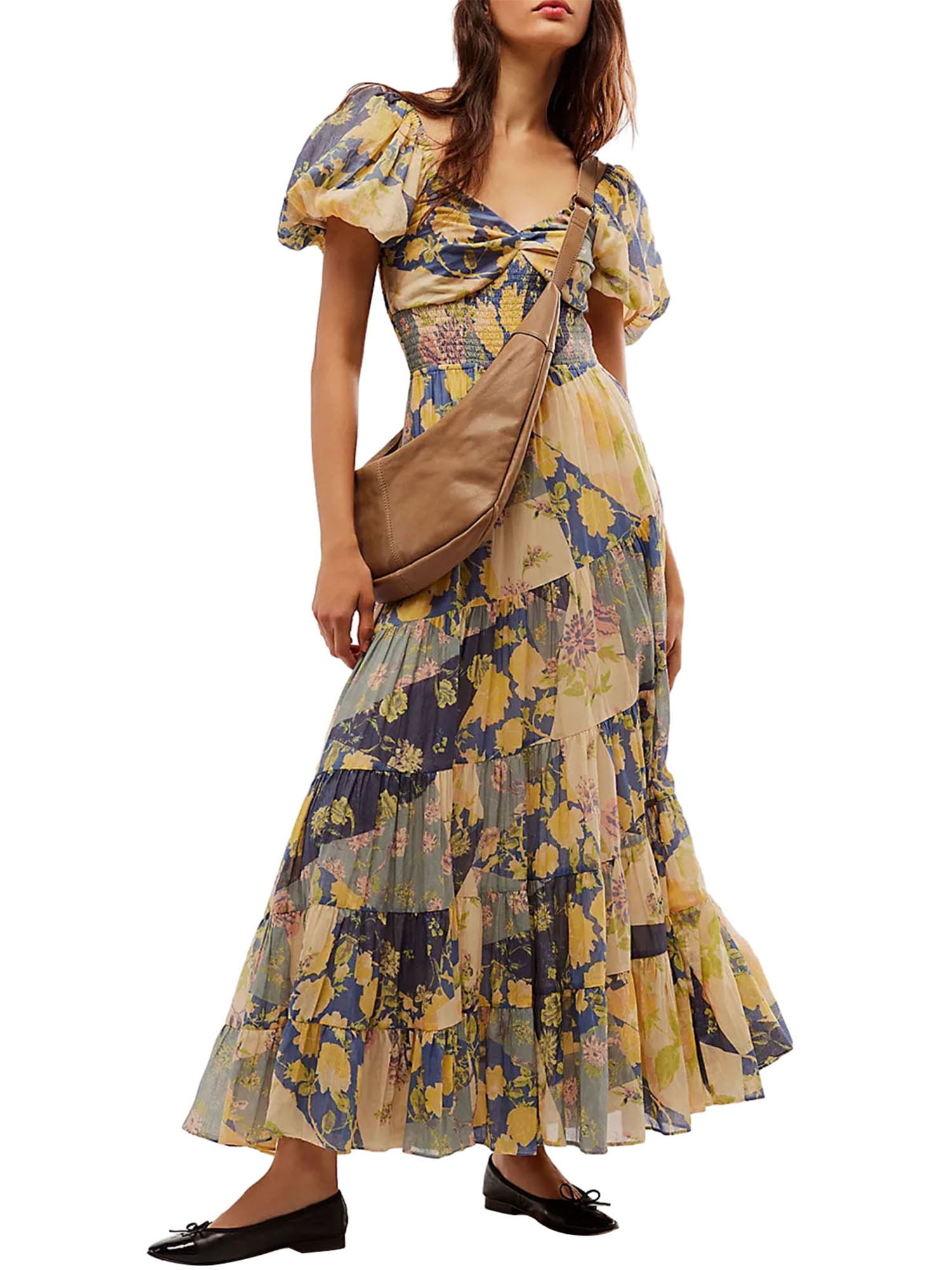 Women Flowy Smocked Maxi Dress Puff Sleeve Sweetheart Dresses Y2K Floral Boho Summer Sundresses ...