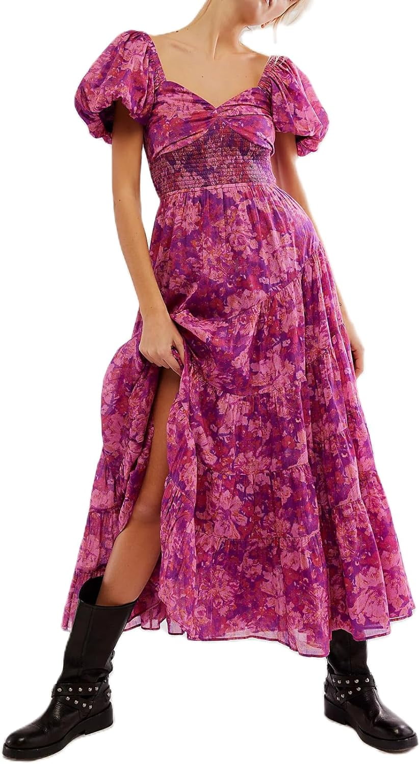 Women Flowy Smocked Maxi Dress Puff Sleeve Sweetheart Dresses Y2K Floral Boho Summer Sundresses ...