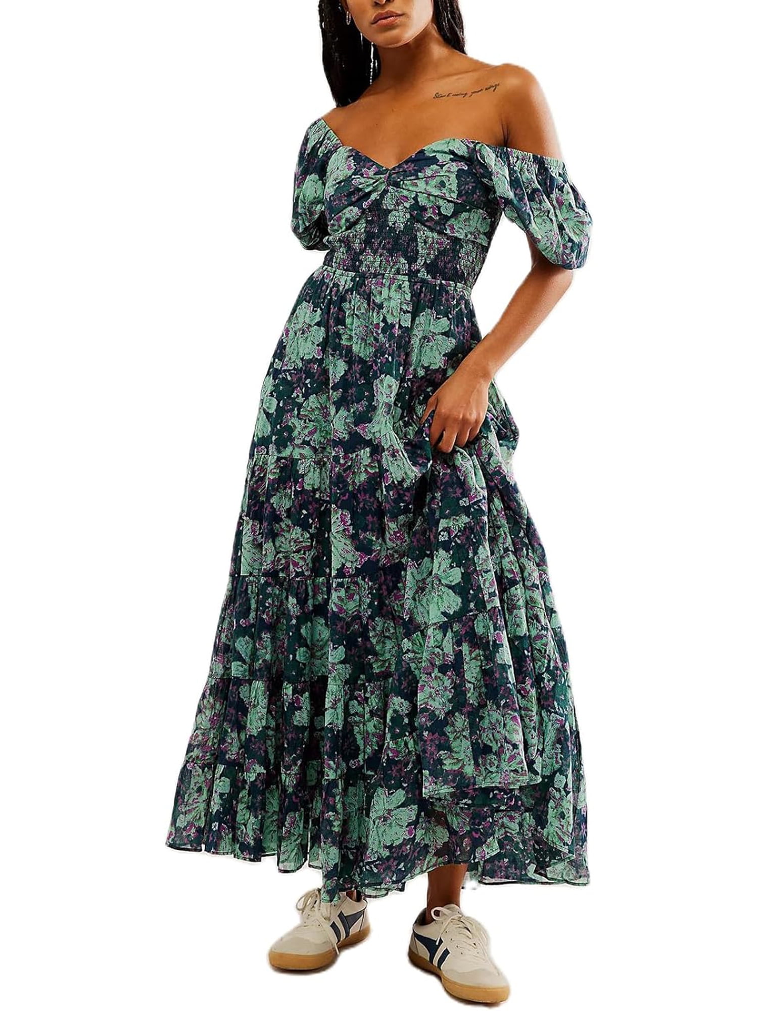 Women Flowy Smocked Maxi Dress Puff Sleeve Sweetheart Dresses Y2K Floral Boho Summer Sundresses ...