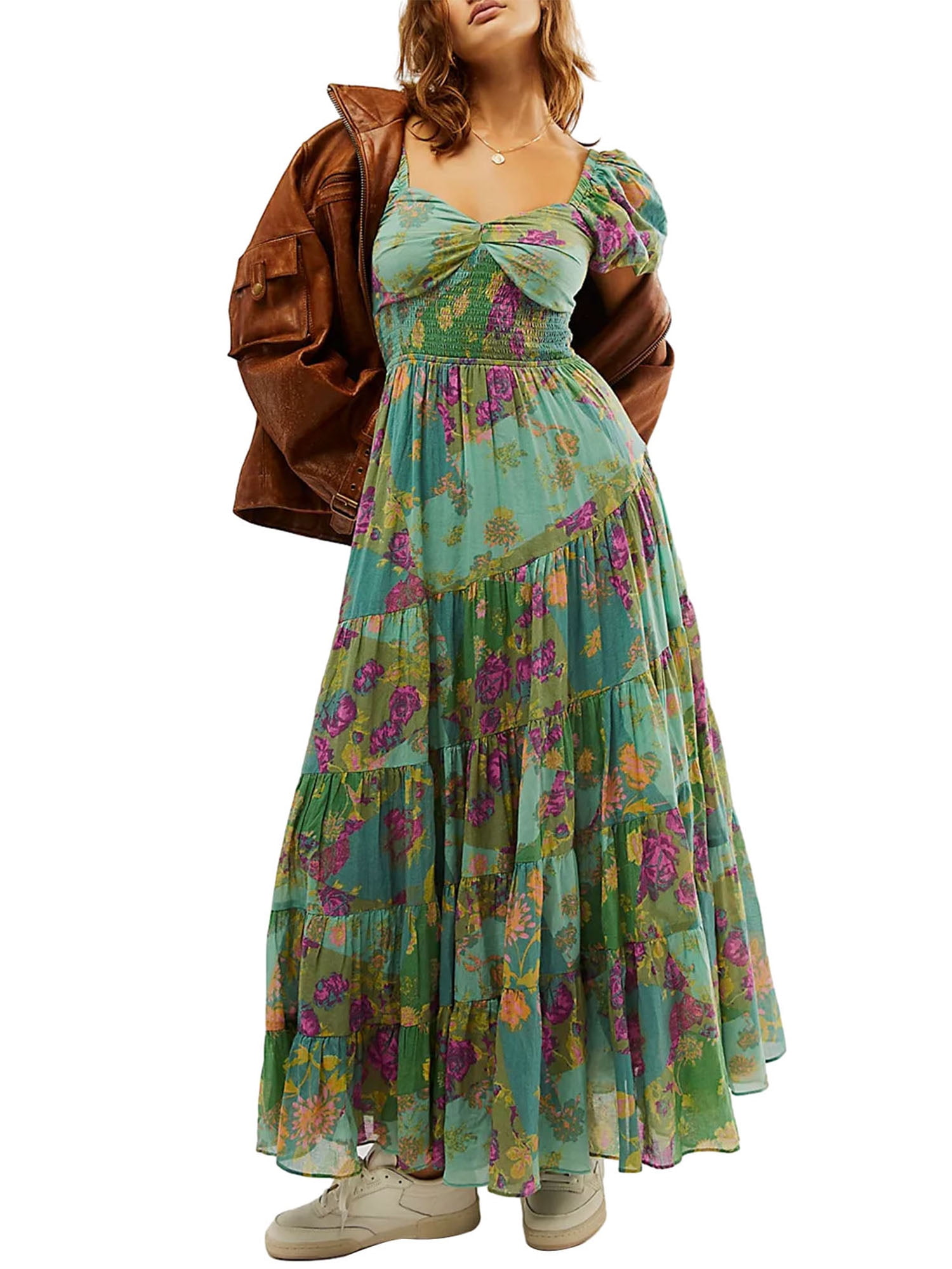 Women Flowy Smocked Maxi Dress Puff Sleeve Sweetheart Dresses Y2K Floral Boho Summer Sundresses ...