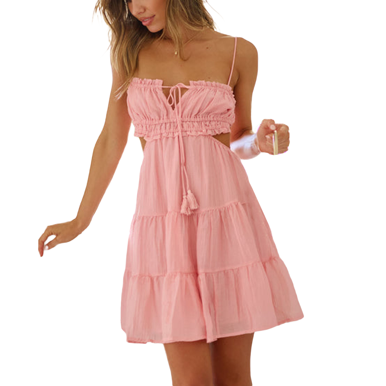 Women Flowy Summer Dresses Backless Ruched Sleeveless Dress Ruffle Sexy ...