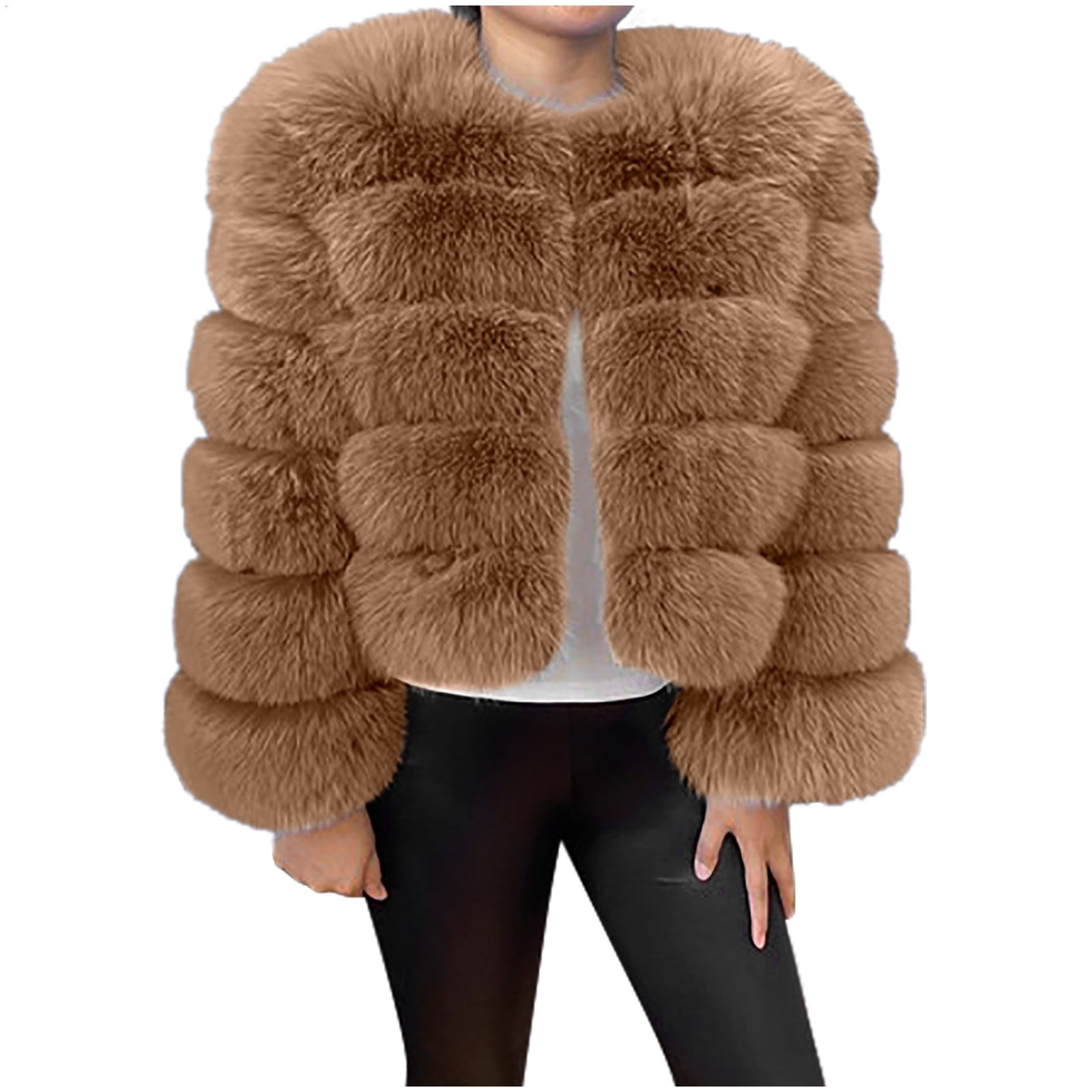 Women Fluffy Faux Fur Coat Open Front Cropped Jacket Winter Warm Fuzzy ...