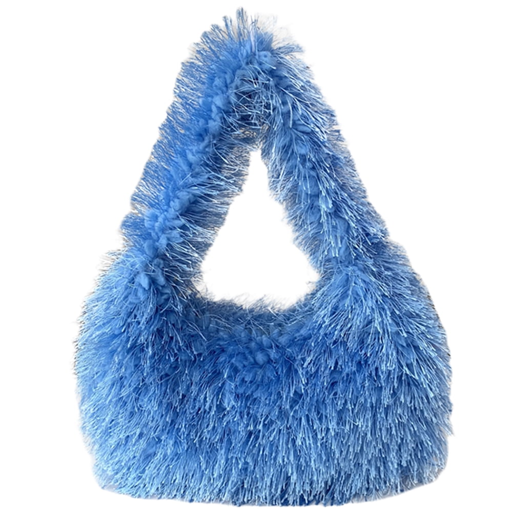 Women Fluffy Hobo Bag Faux Fur Plush Tote Bag Fashion Outdoor Bag (Sky ...