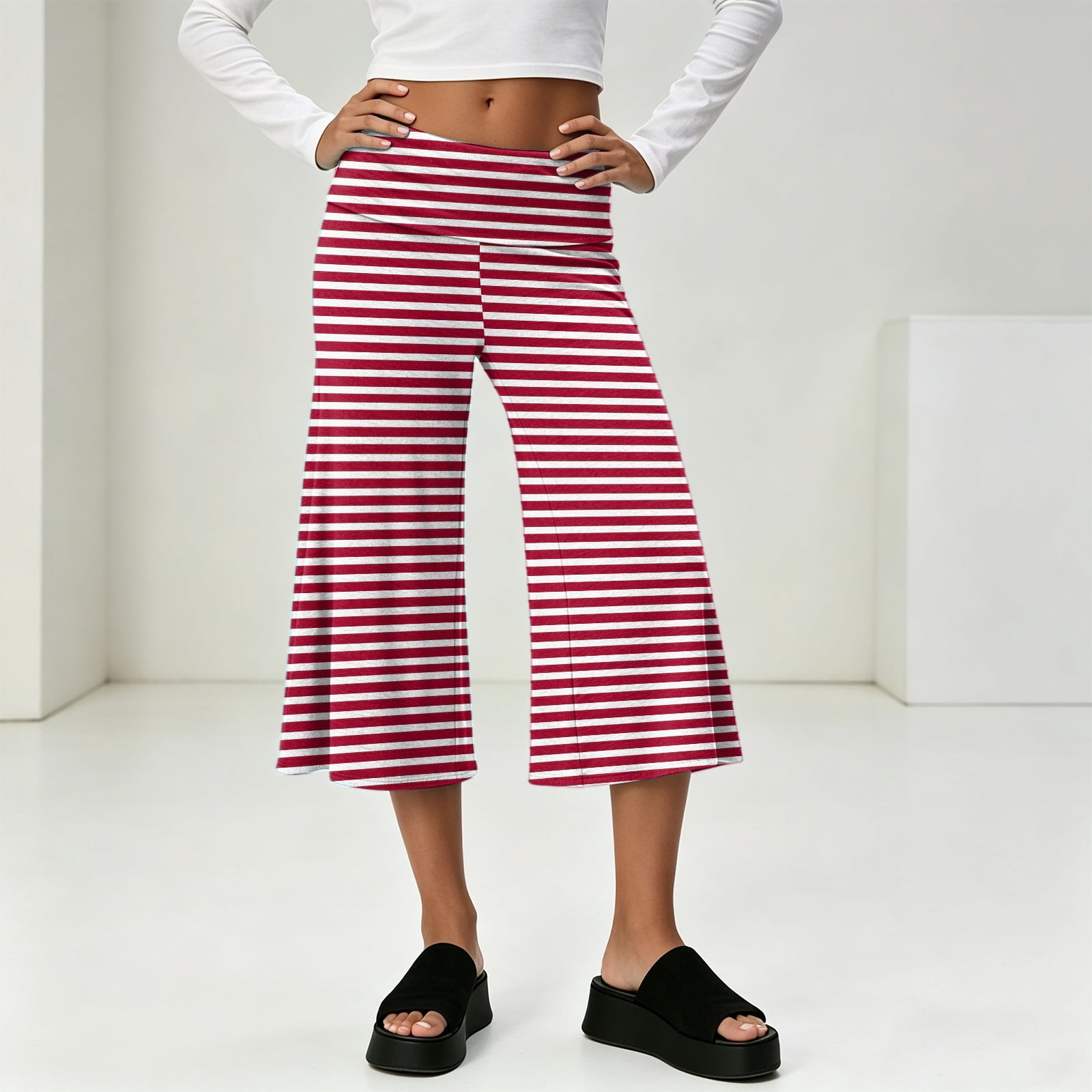 Women Fold Over Gauchos Capri Casual Low Rise Wide Leg Cropped Pants ...