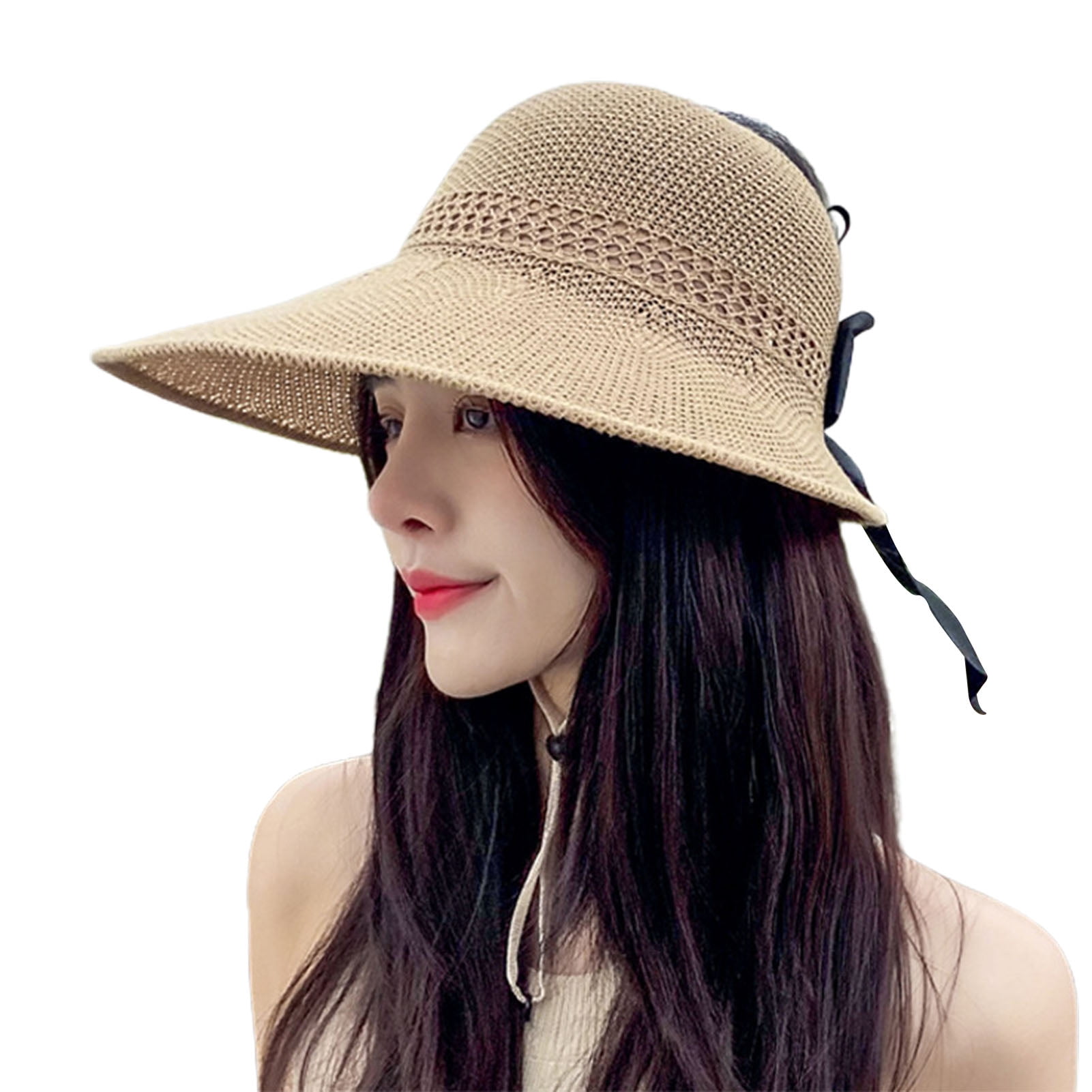 Women Foldable Wide Brim Straw Hats Roll Up Sun Visors Bow Summer Beach ...
