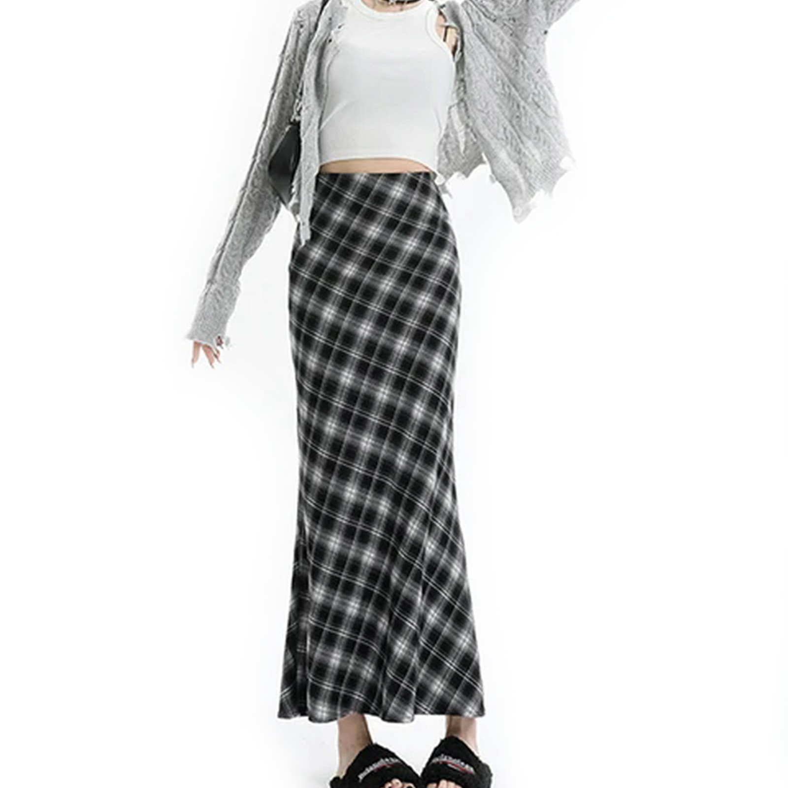 Women French Fashion Plaid Midi 90s Vintage Maillard High Waist Trumpet ...