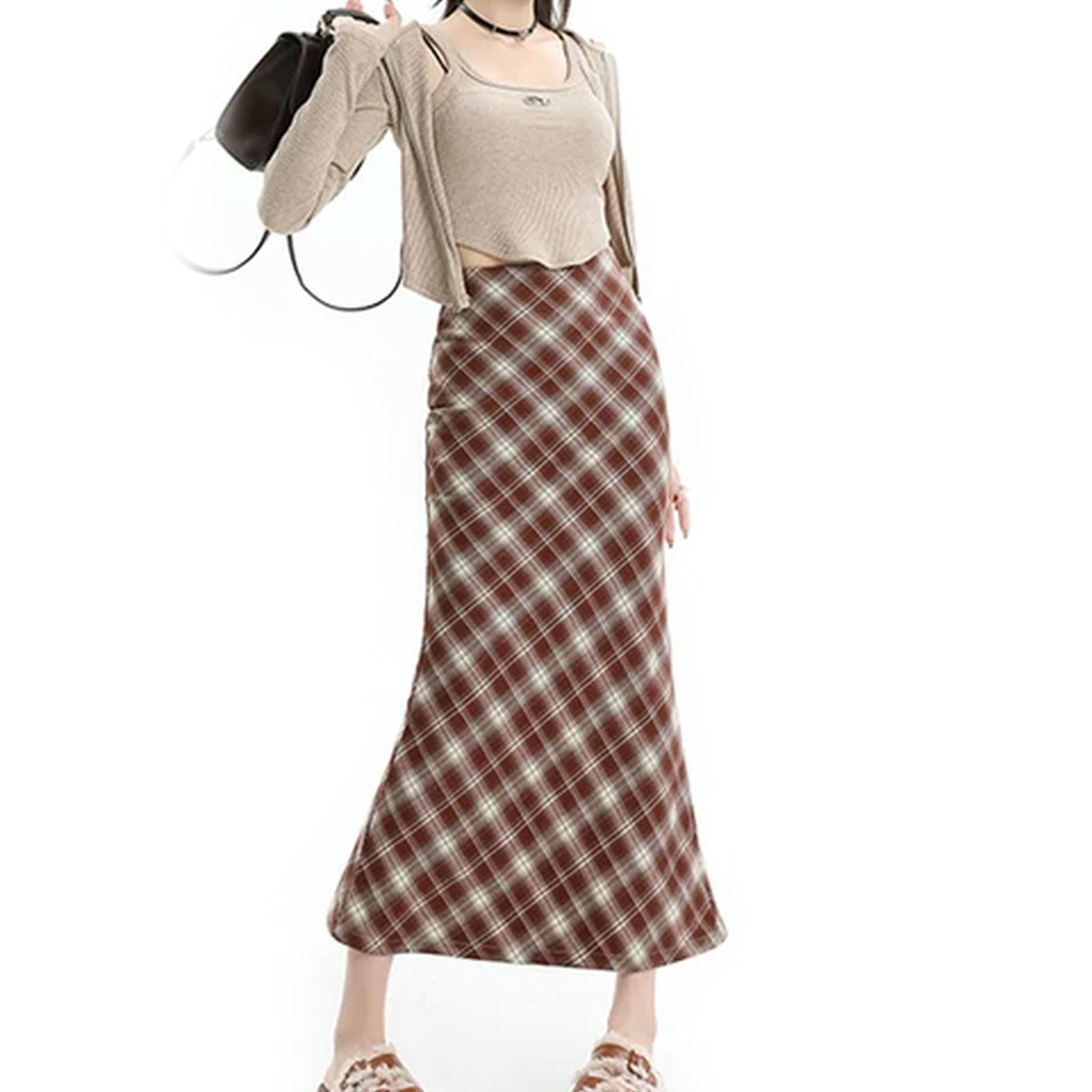 Women French Fashion Plaid Midi 90s Vintage Maillard High Waist Trumpet ...